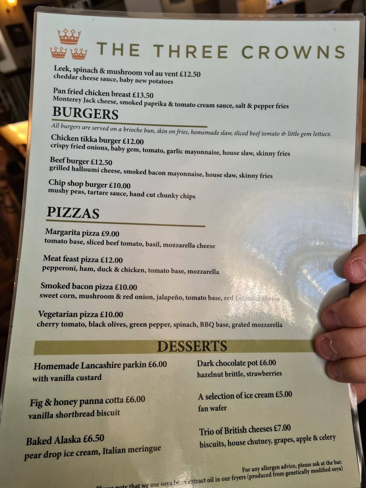 Menu at Three Crowns pub & bar, Oldham