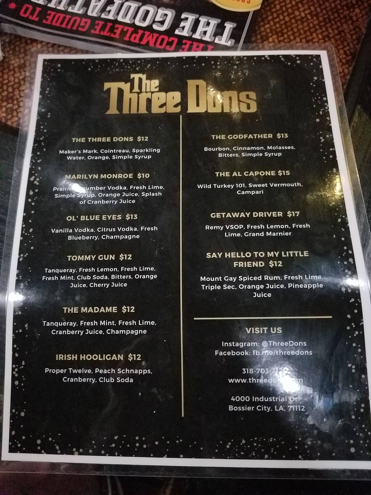 Menu at The Three Dons restaurant, Bossier City
