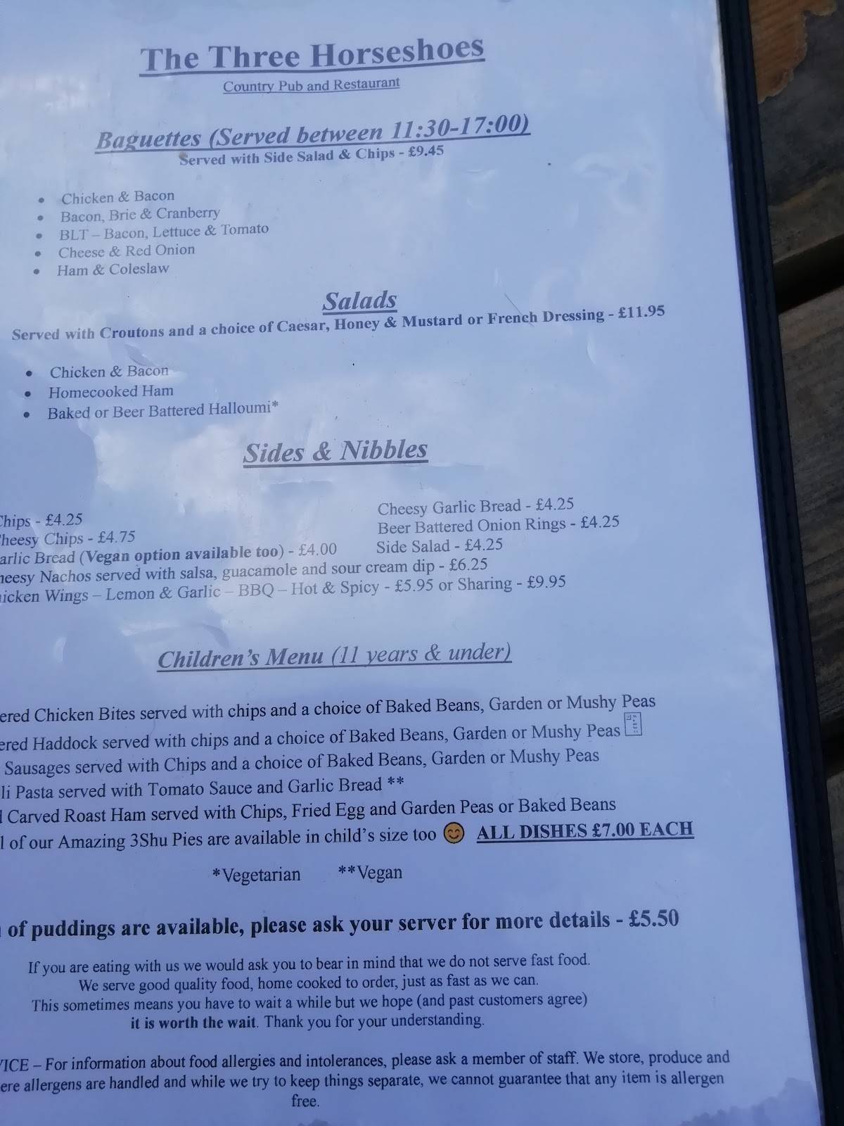 Menu at The Three Horseshoes Frampton pub & bar, Frampton on Severn