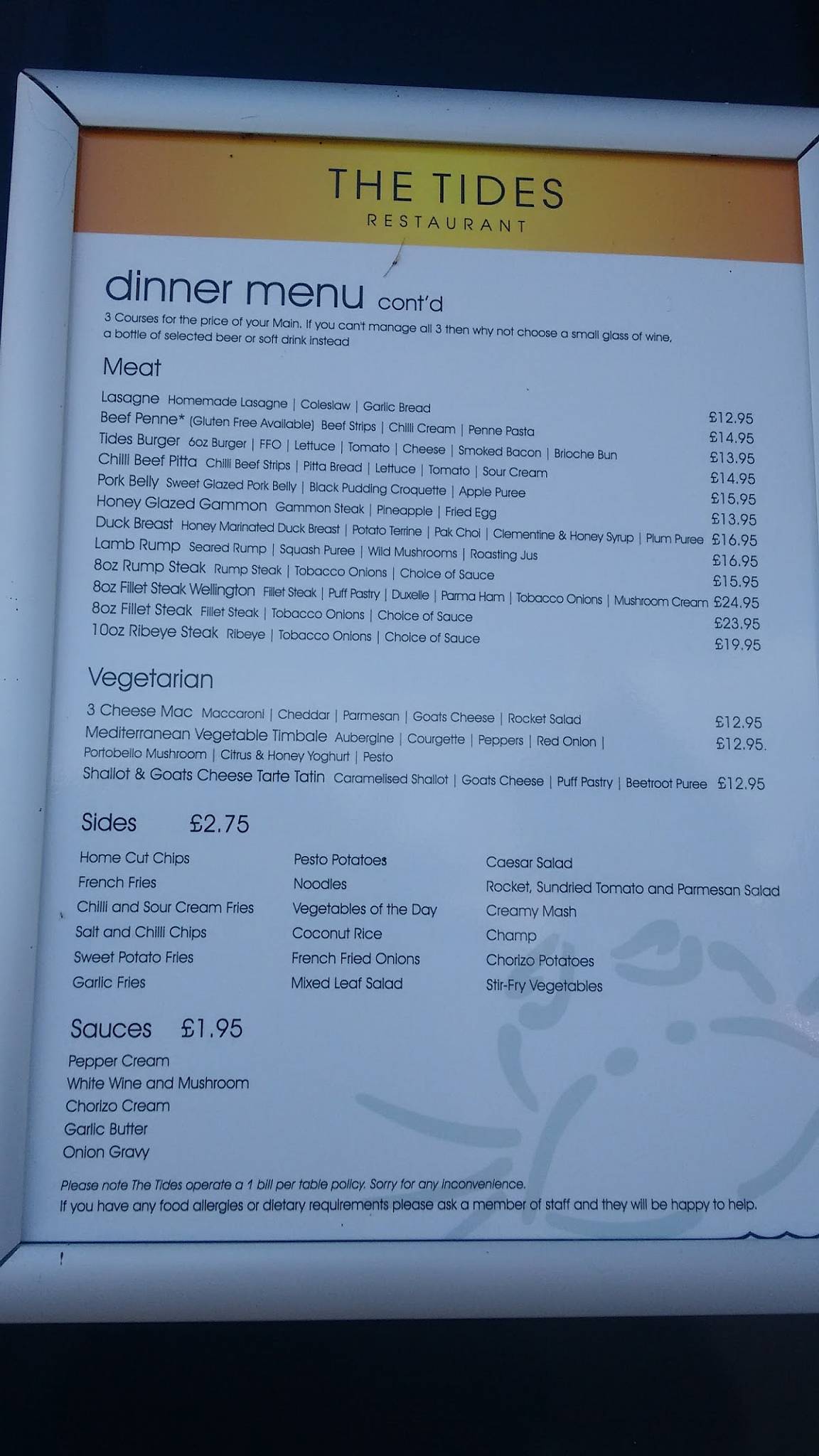 Menu at The Tides Restaurant, Portrush