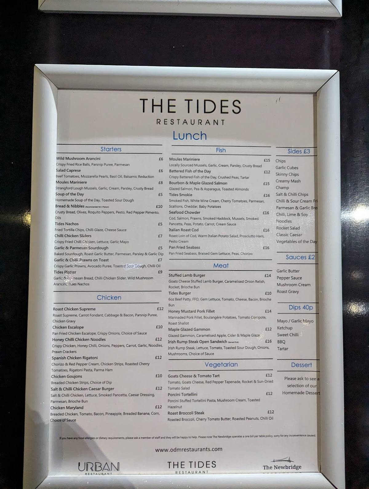 Menu at The Tides Restaurant, Portrush