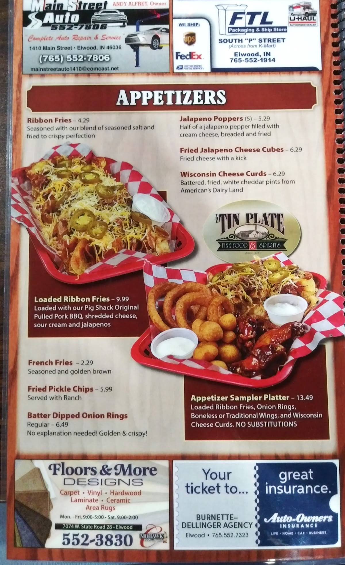 Menu at The Tin Plate, Fine Food & Spirits restaurant, Elwood