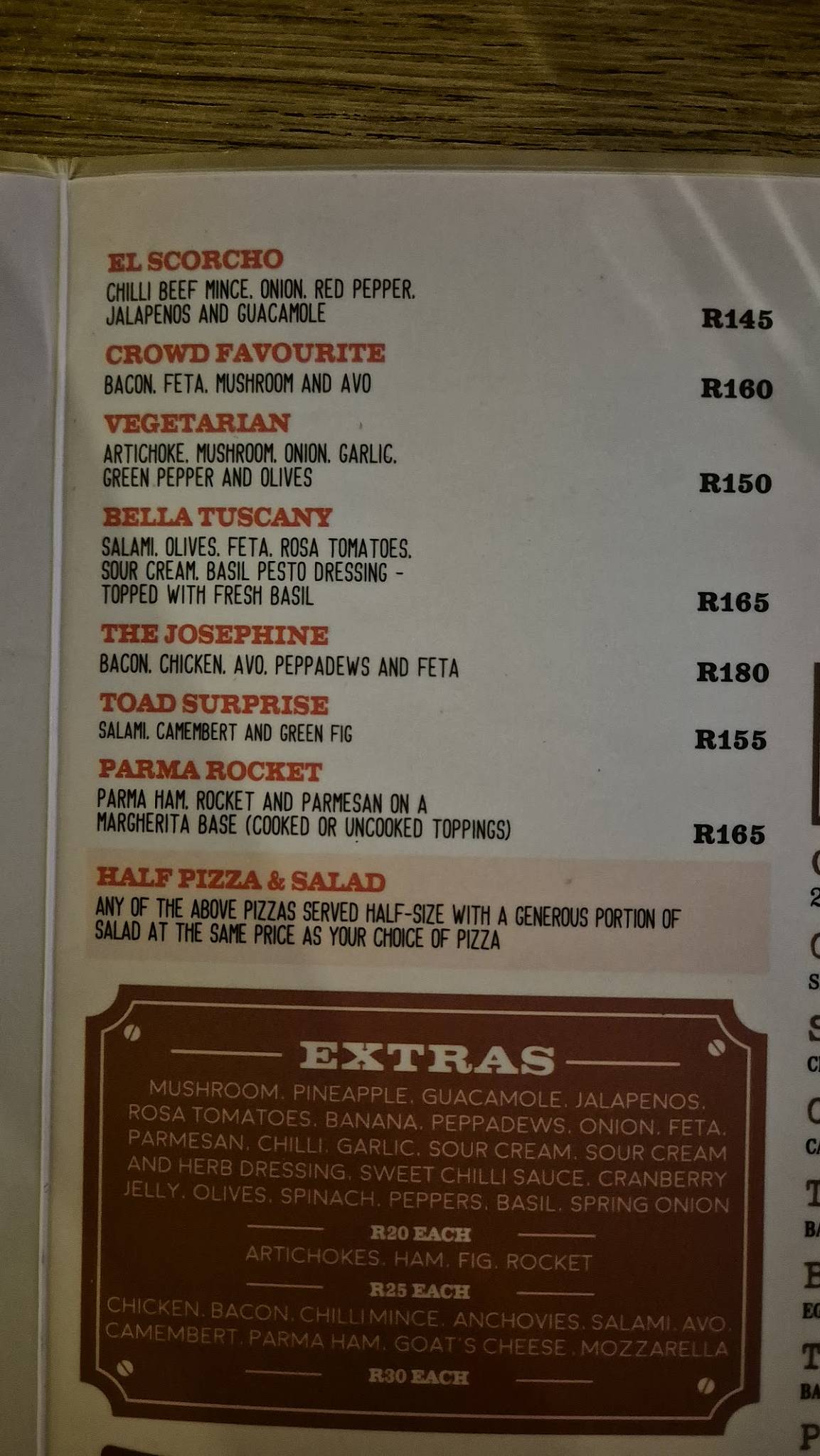 Menu at The Toad on the Road restaurant, Cape Town, Main Rd
