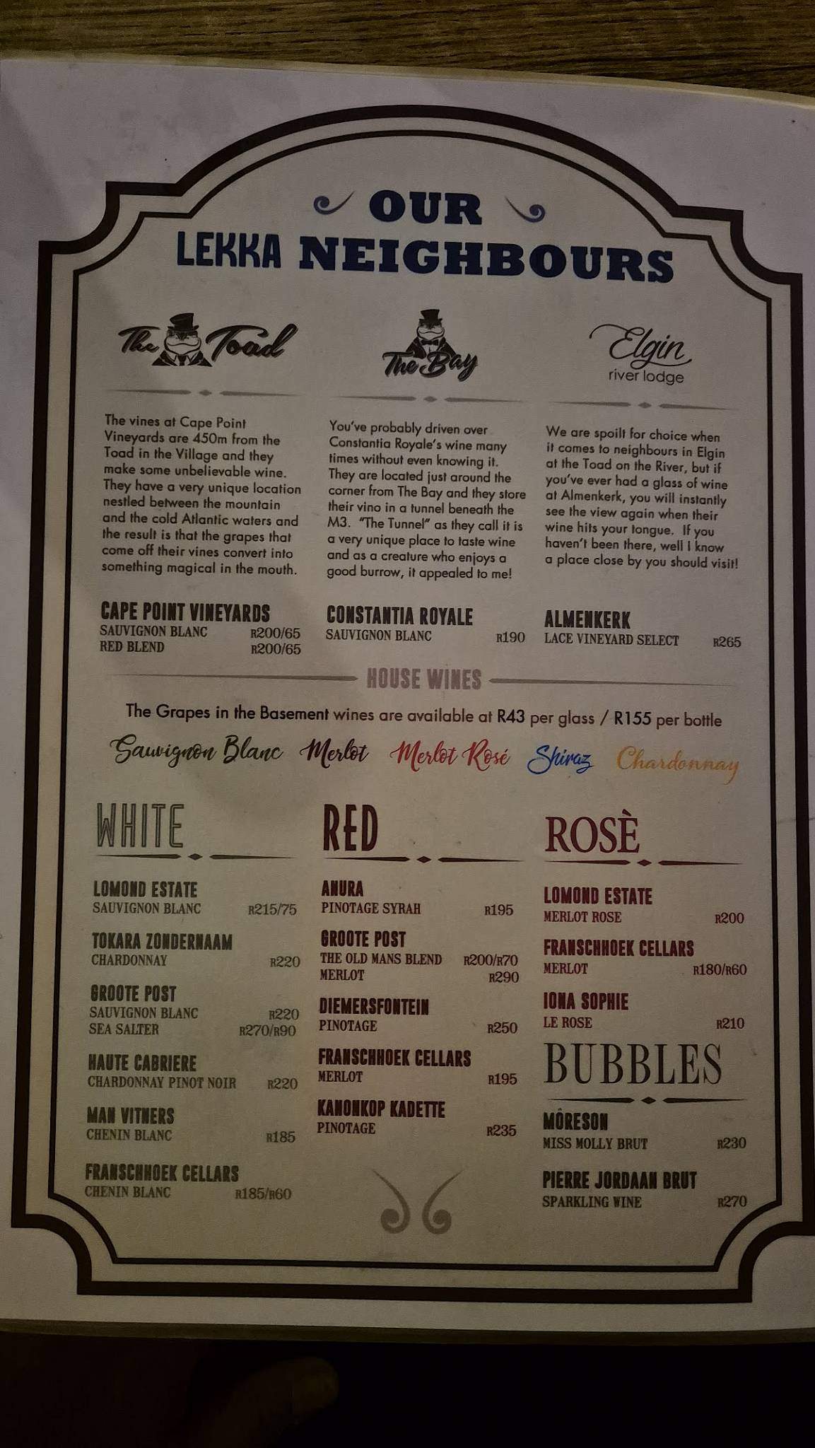 Menu at The Toad on the Road restaurant, Cape Town, Main Rd