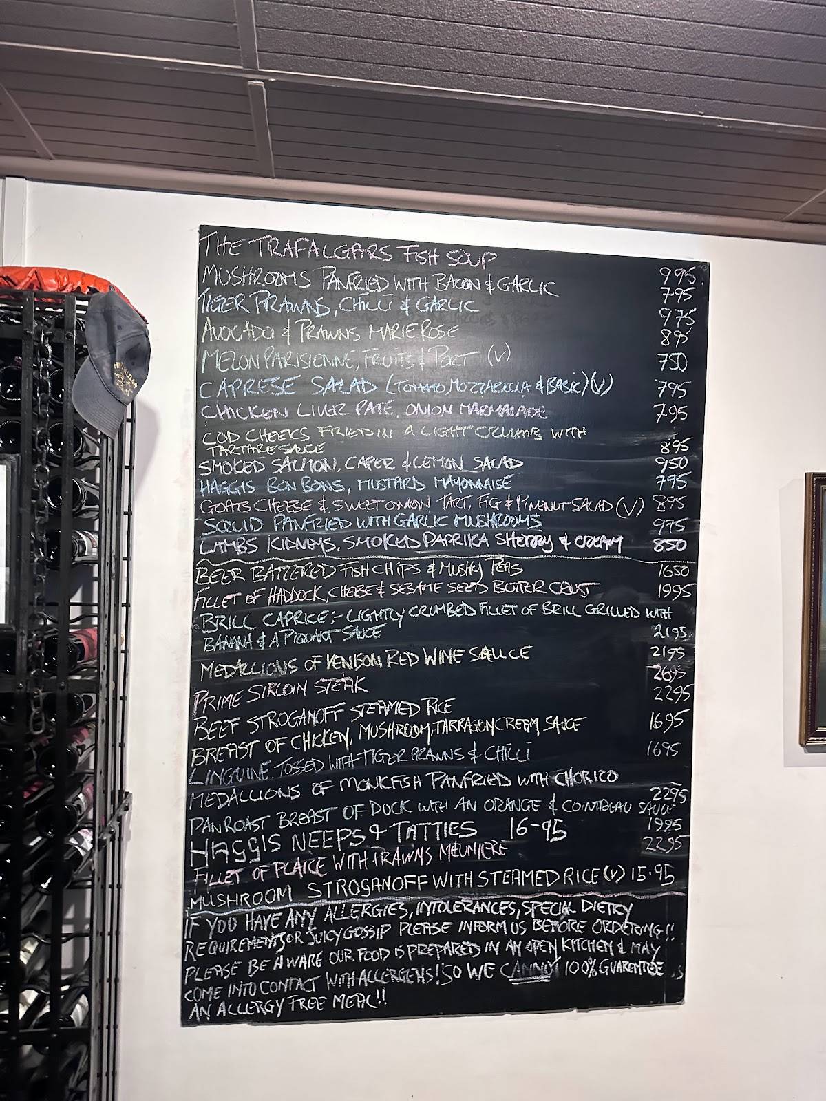 Menu at The Trafalgar restaurant, Fleetwood
