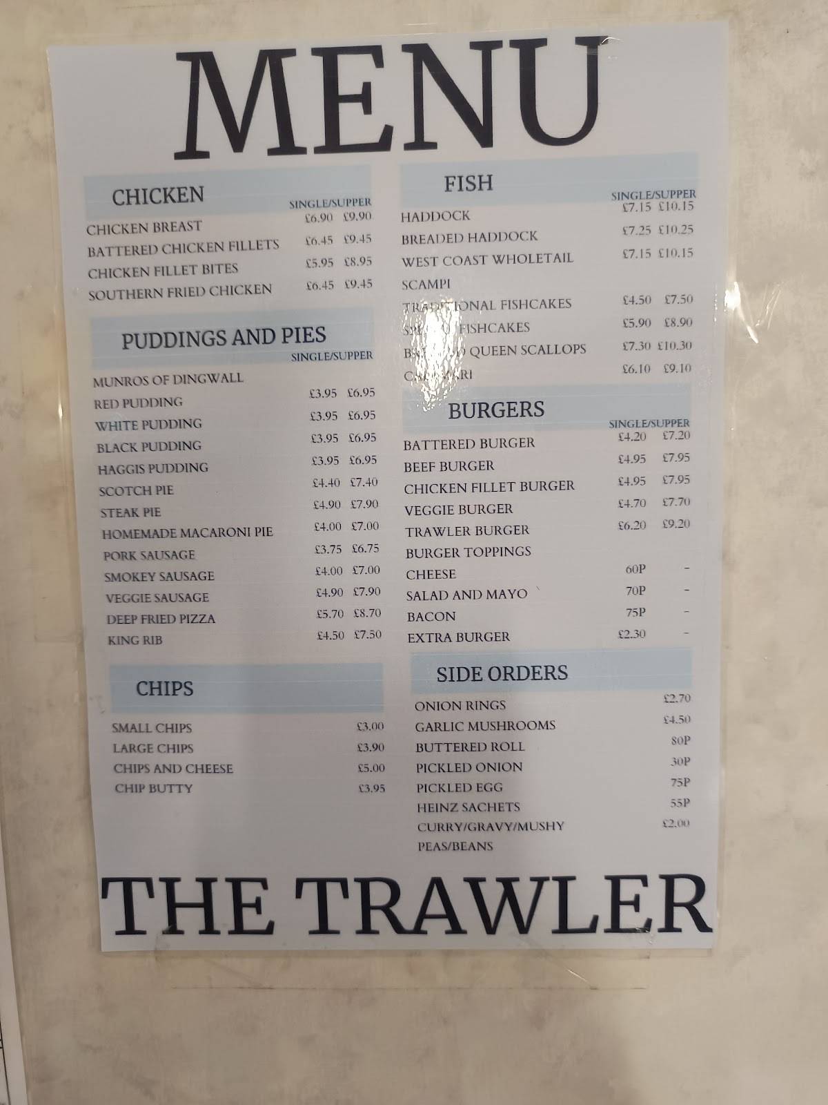 Menu at The Trawler Fish & Chips restaurant, Golspie