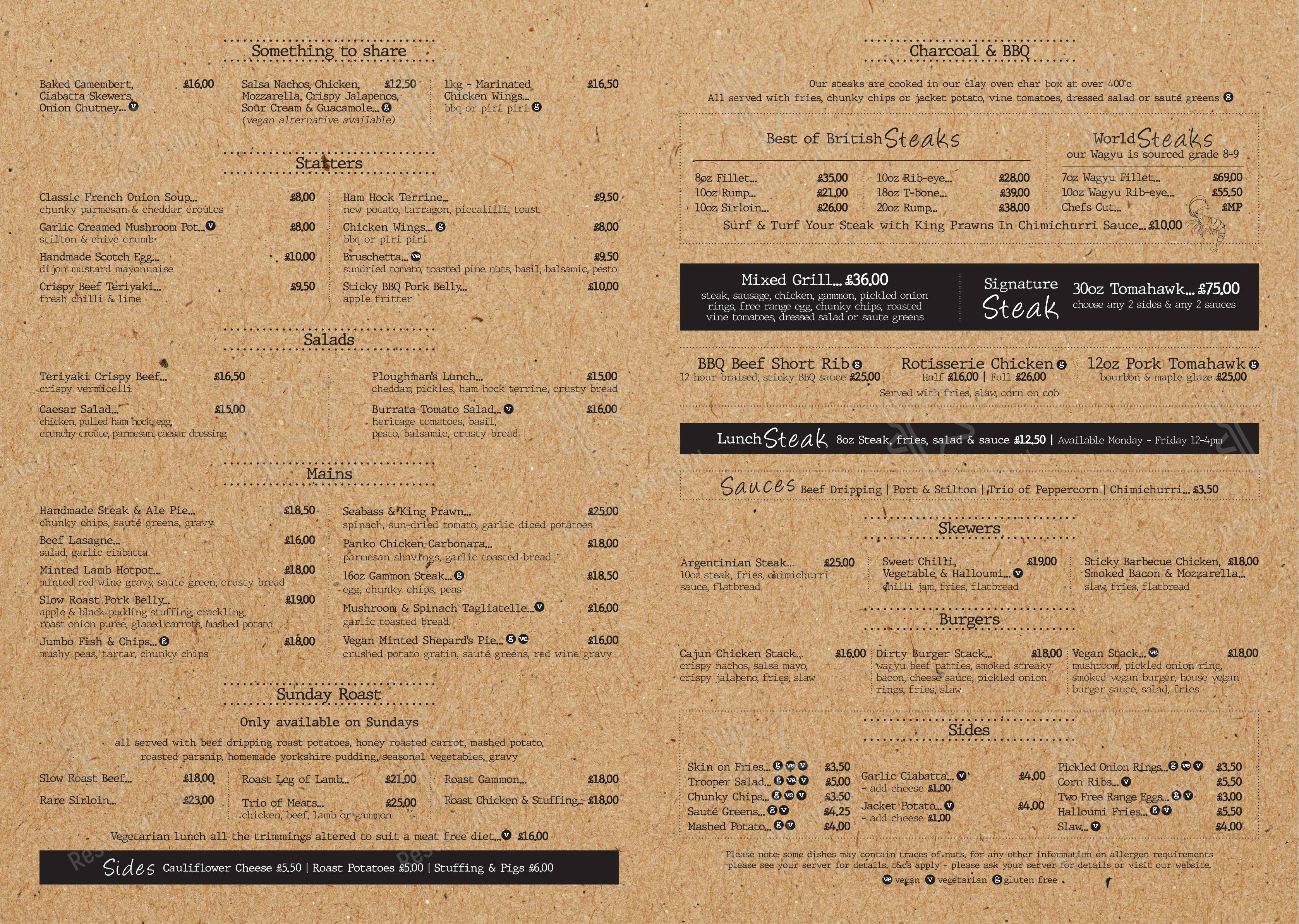 Menu at The Trooper restaurant, Lichfield