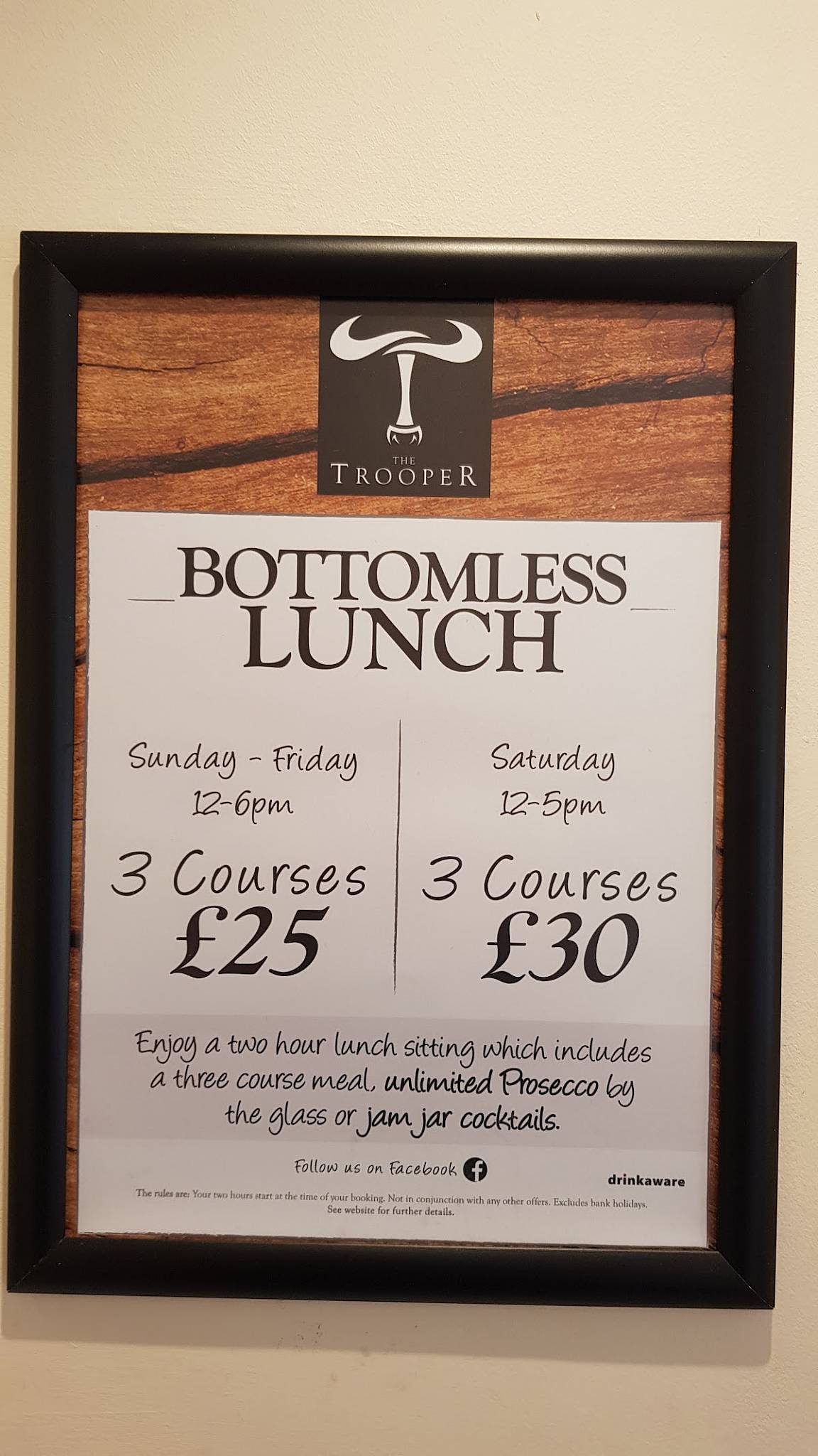 Menu at The Trooper restaurant, Lichfield
