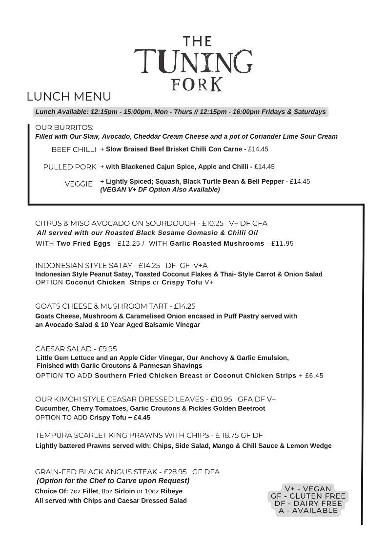 Menu at The Tuning Fork restaurant, Rugby