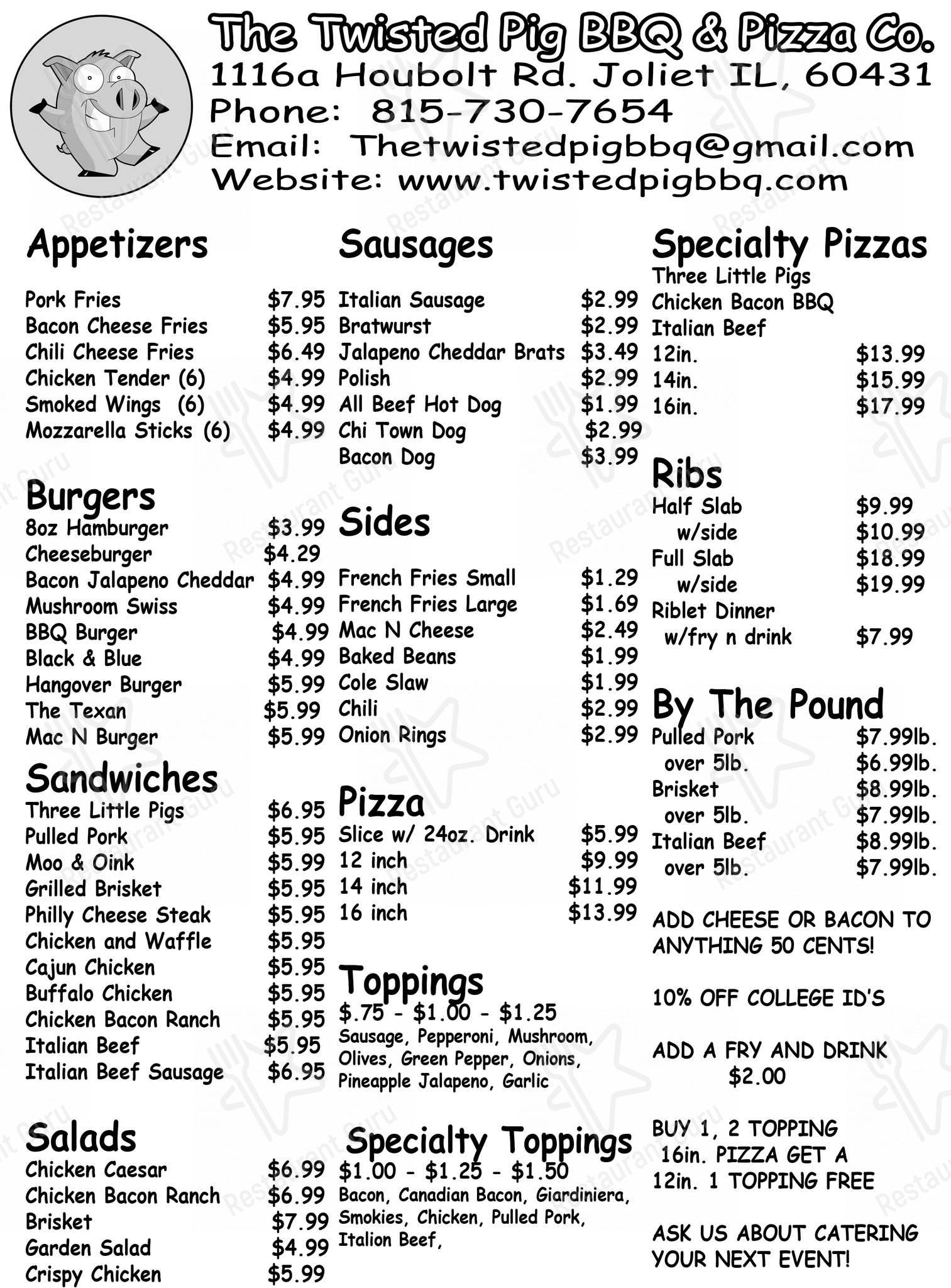 Menu at The Twisted Pig restaurant, Joliet