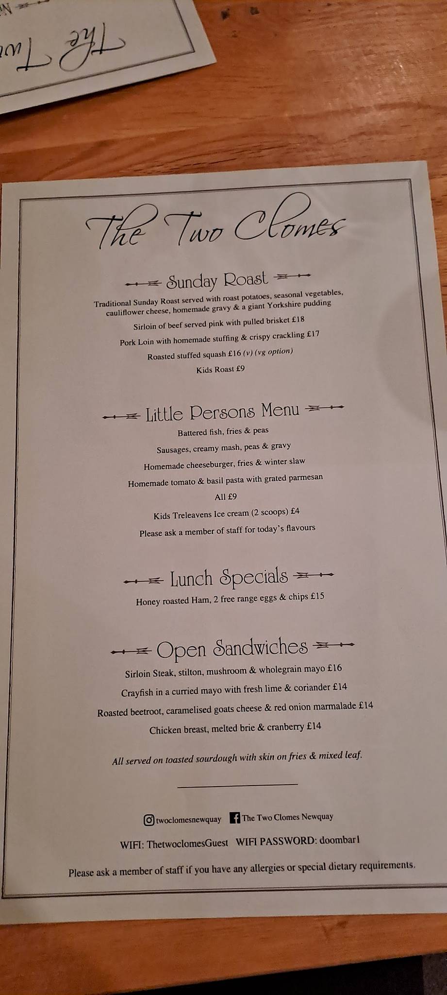 Menu at The Two Clomes pub & bar, Newquay