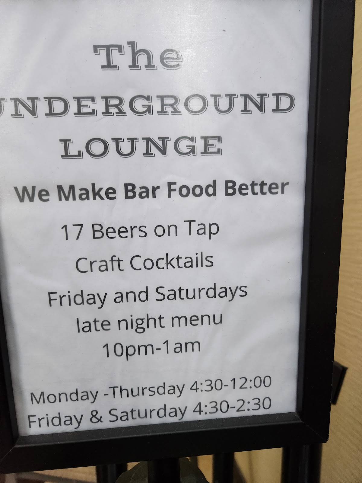 Menu at The Underground Lounge pub & bar, Warren
