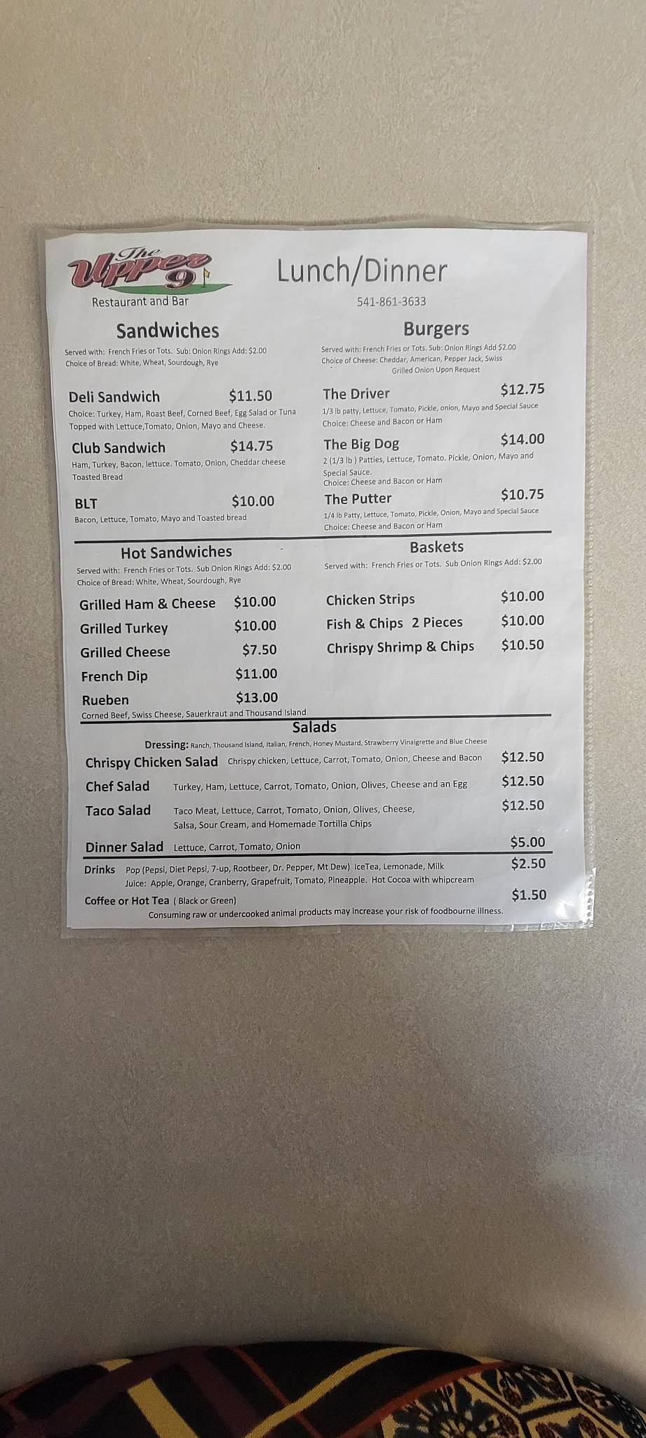 Menu at The Upper 9 pub & bar, Milton-Freewater