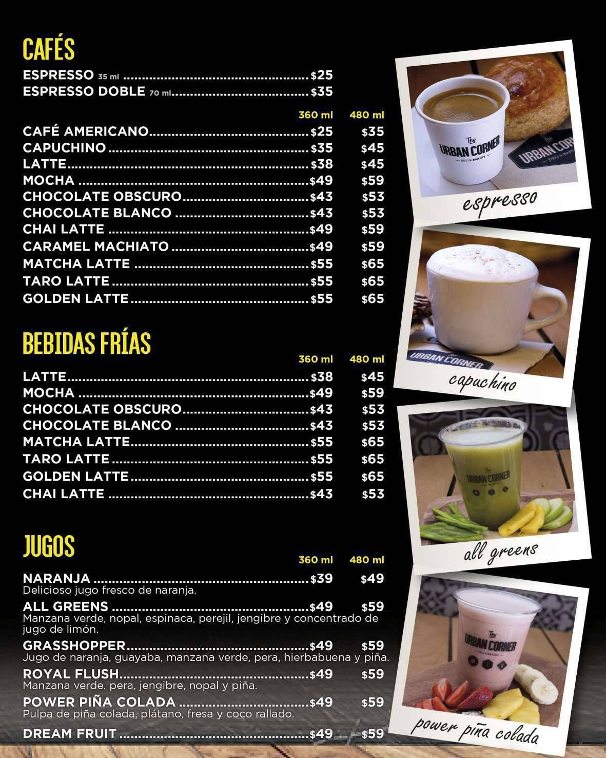 Menu at The Urban Corner Galerías cafe, Merida