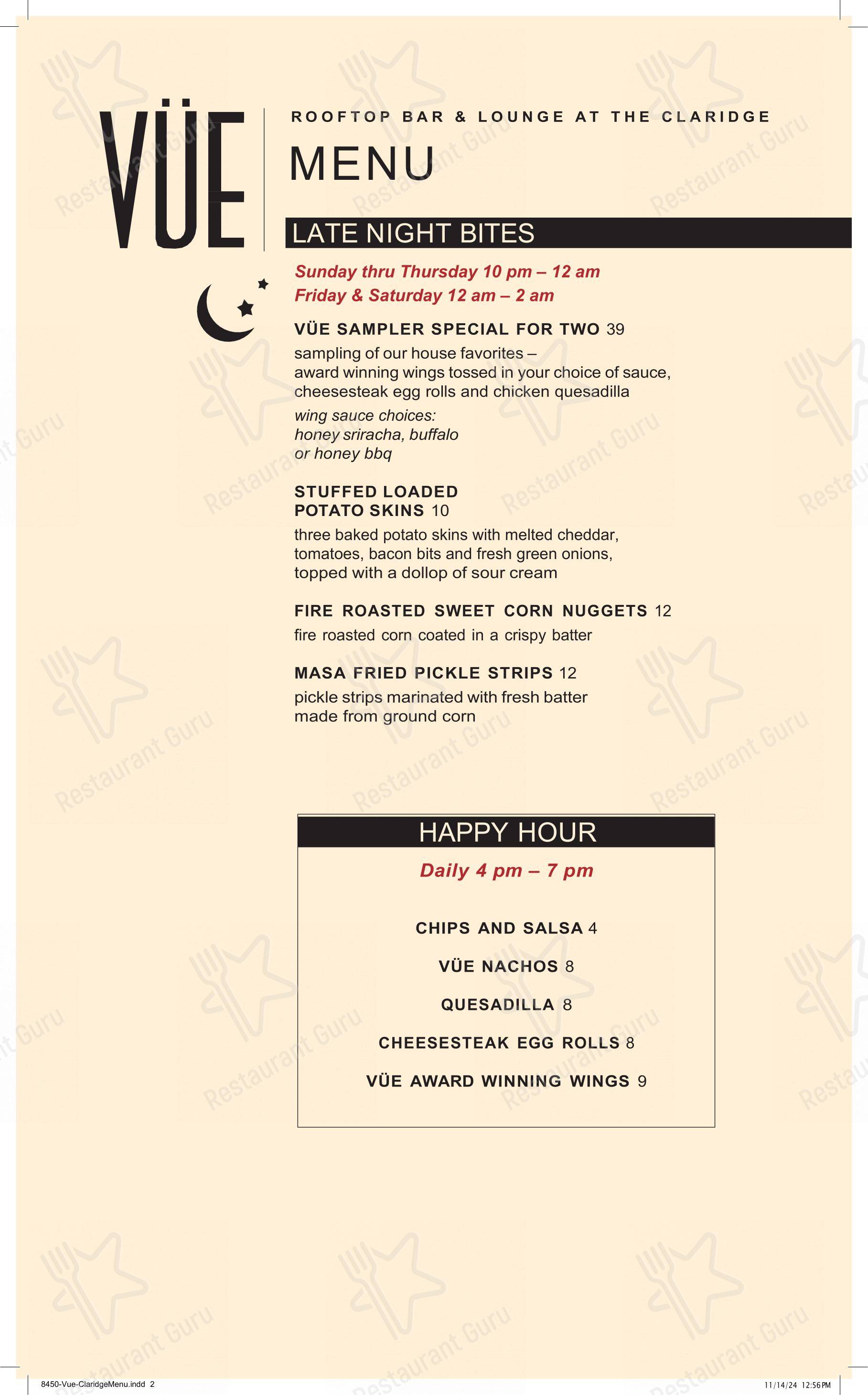 Menu at The VÜE Rooftop Bar, Atlantic City