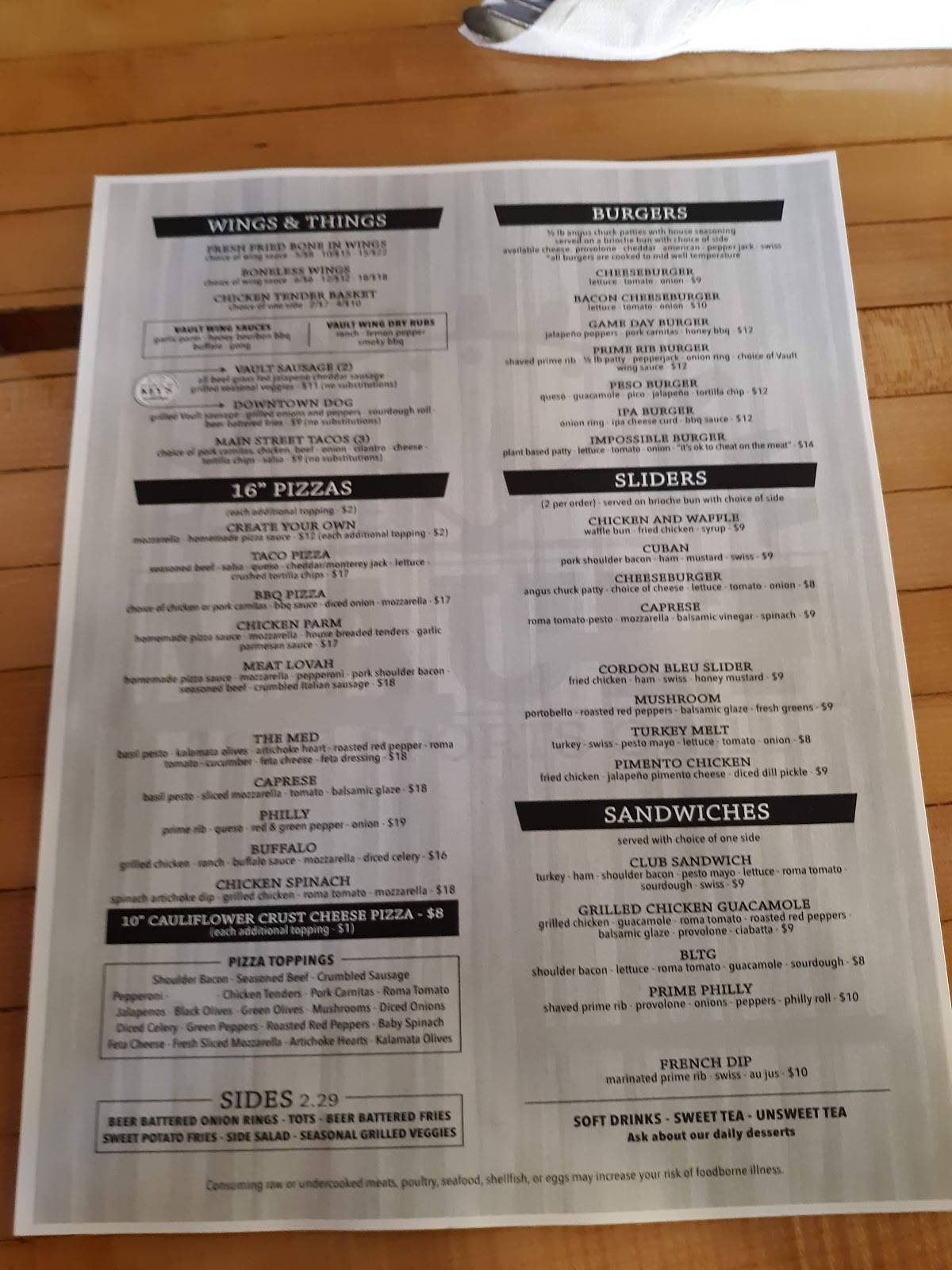 Menu at The Vault 1905 Sports Grill restaurant, Van Buren