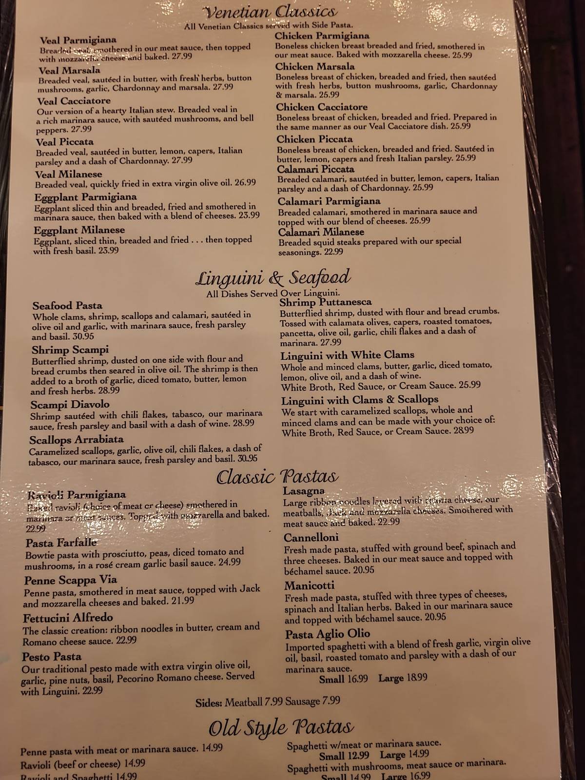 Menu at The Venetian Restaurant, San Diego