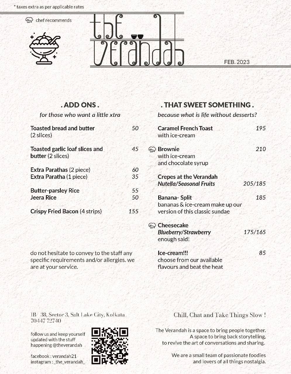 Menu at The Verandah, Kolkata