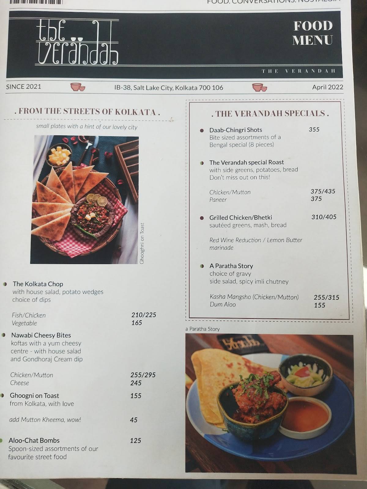 Menu at The Verandah, Kolkata