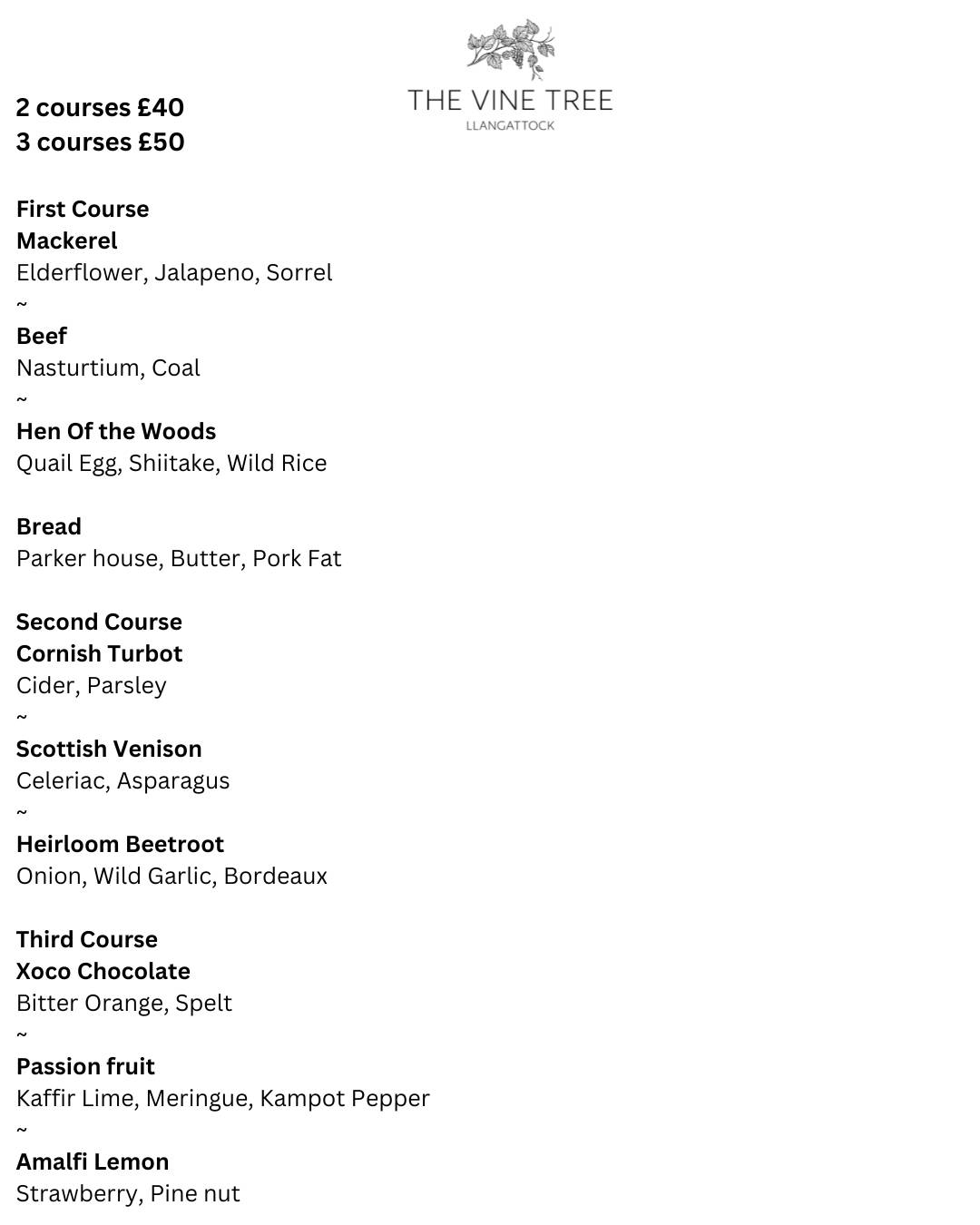 Menu at The Vine Tree Llangattock pub & bar, Crickhowell