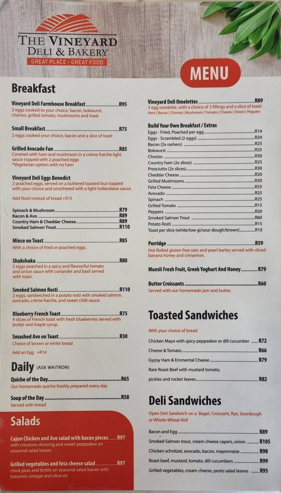 Menu at The Vineyard Deli restaurant, Cape Town, Corner of ...