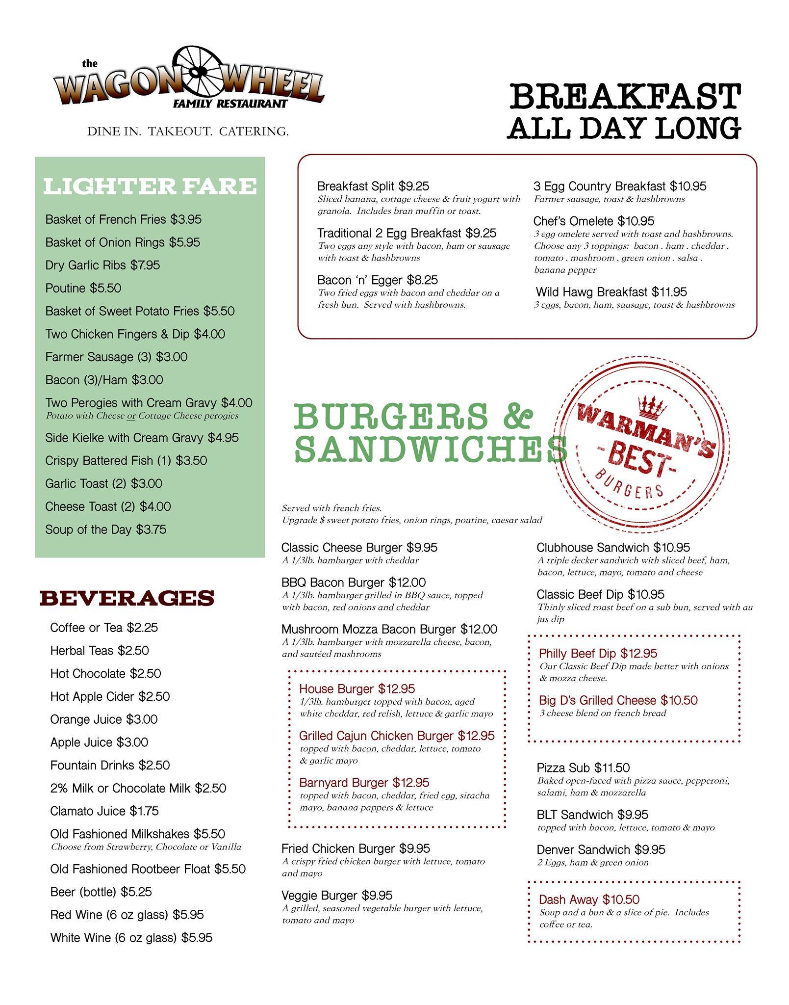 Menu at The Wagon Wheel Warman restaurant, Warman