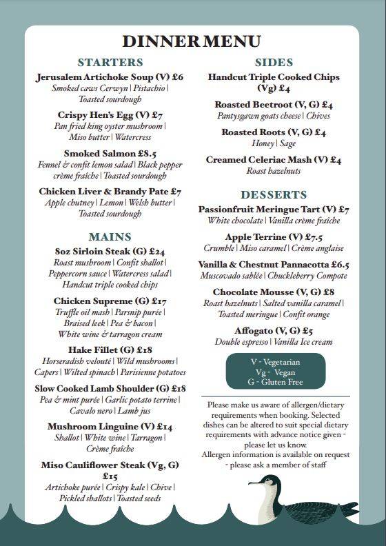 Menu at The Wanderer's Rest restaurant, Llanteg