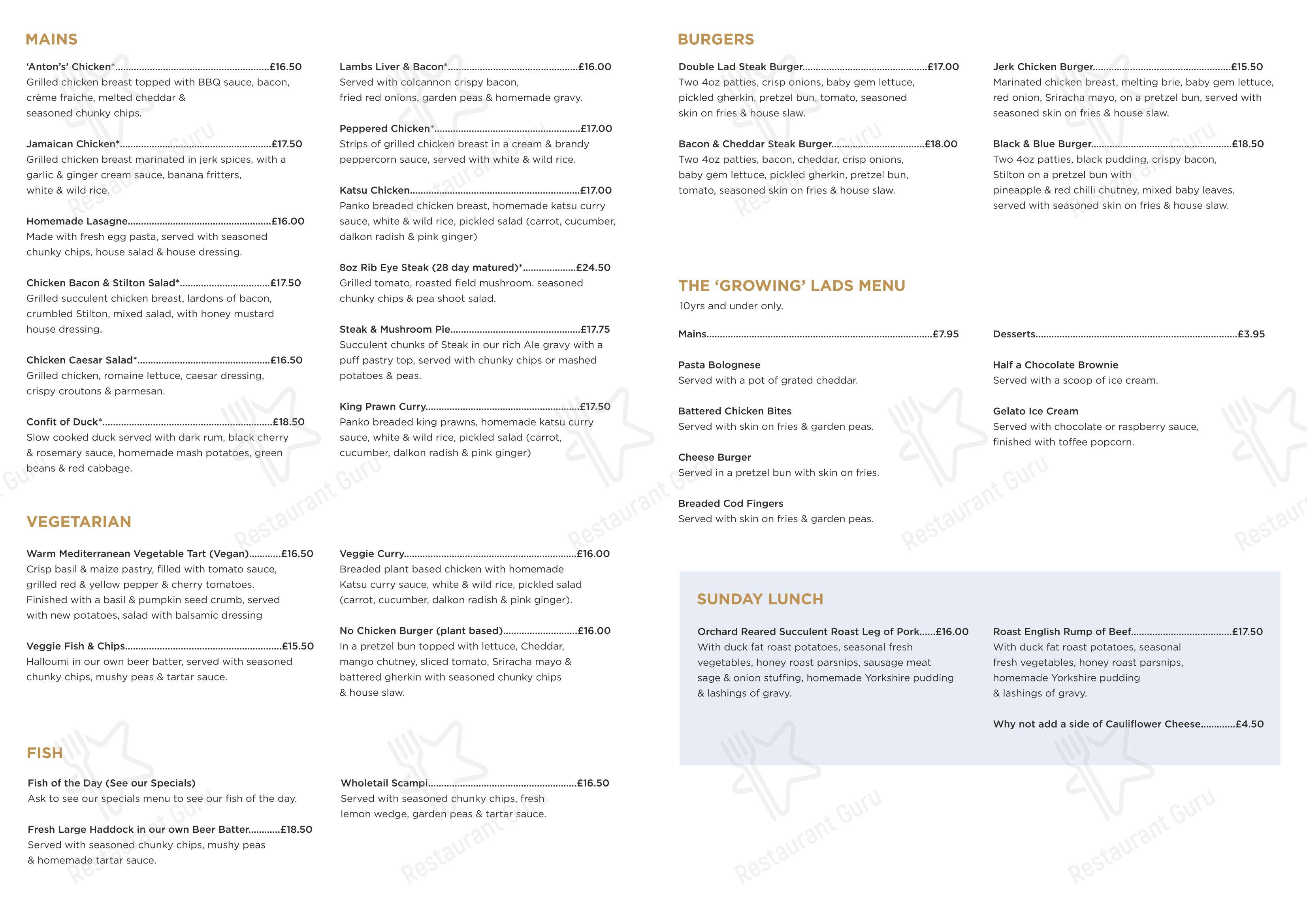 Menu at The Warwickshire Lad pub & bar, Tanworth in Arden