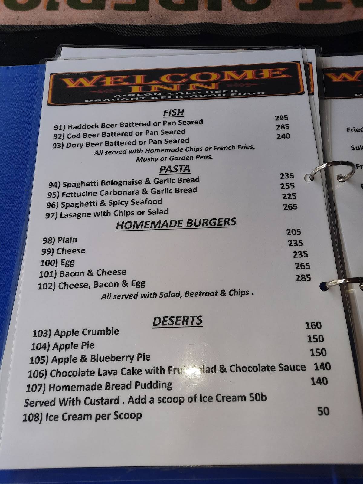 Menu at The Welcome Inn Maprachan restaurant, Pong