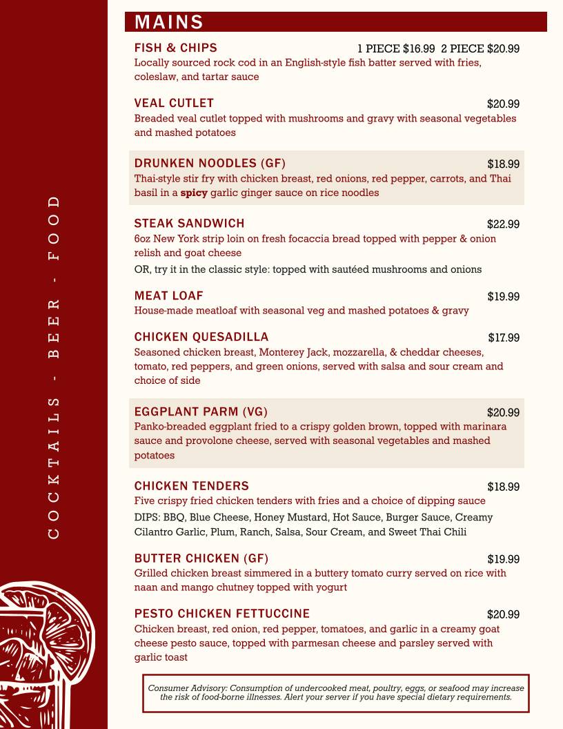 Menu at The Wellington Hotel Pub, Nanaimo, Victoria Ave