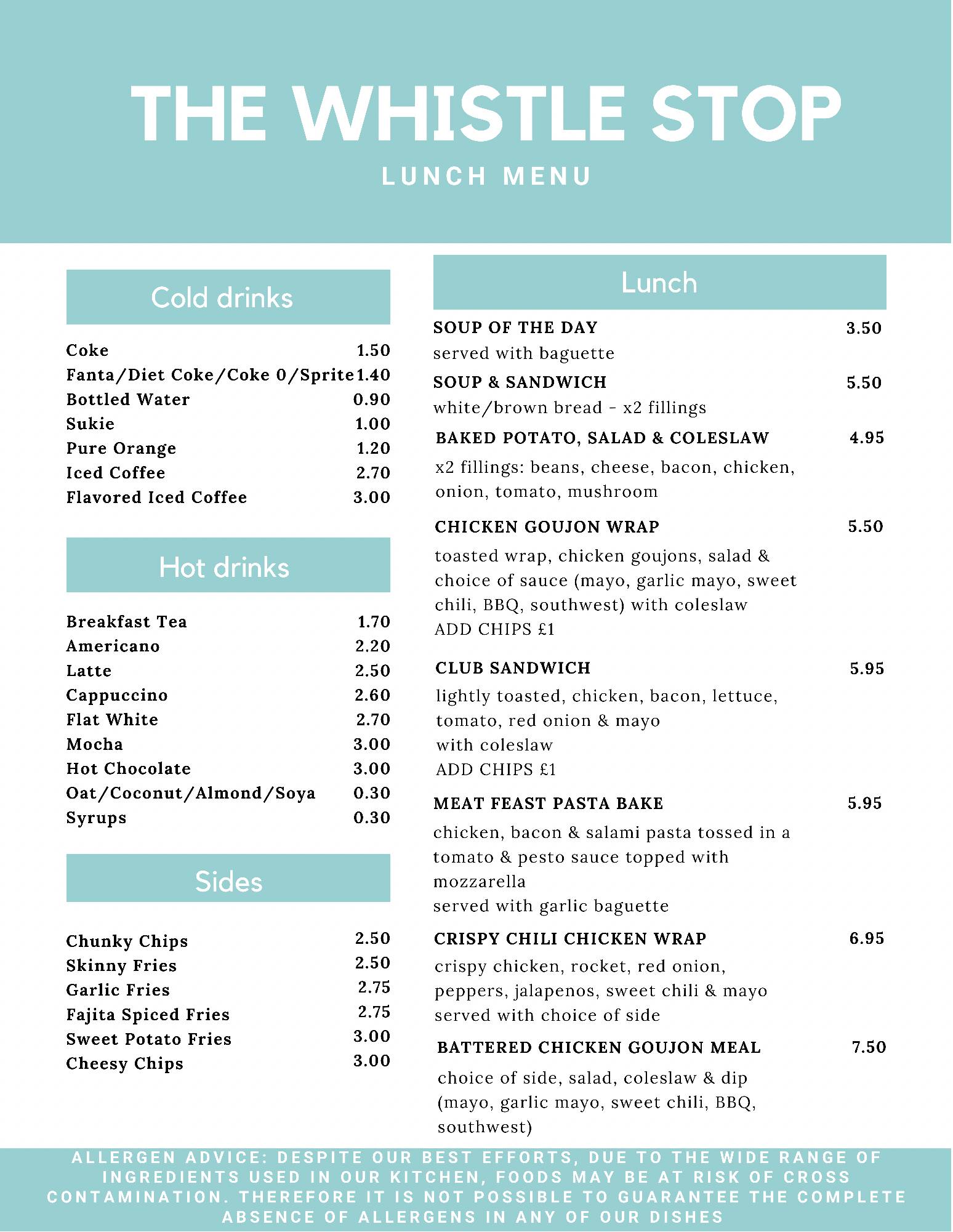 Menu at The Whistle Stop Café / Faro Pizzeria, Whitehead