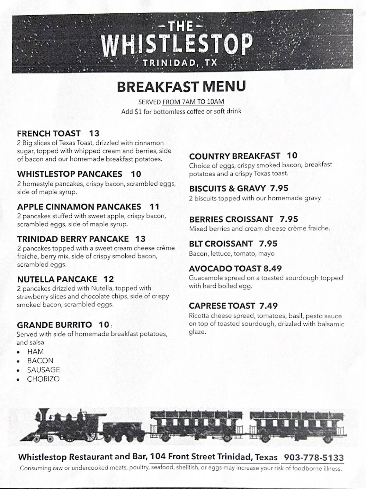 Menu at The Whistlestop Restaurant & Bar, Trinidad