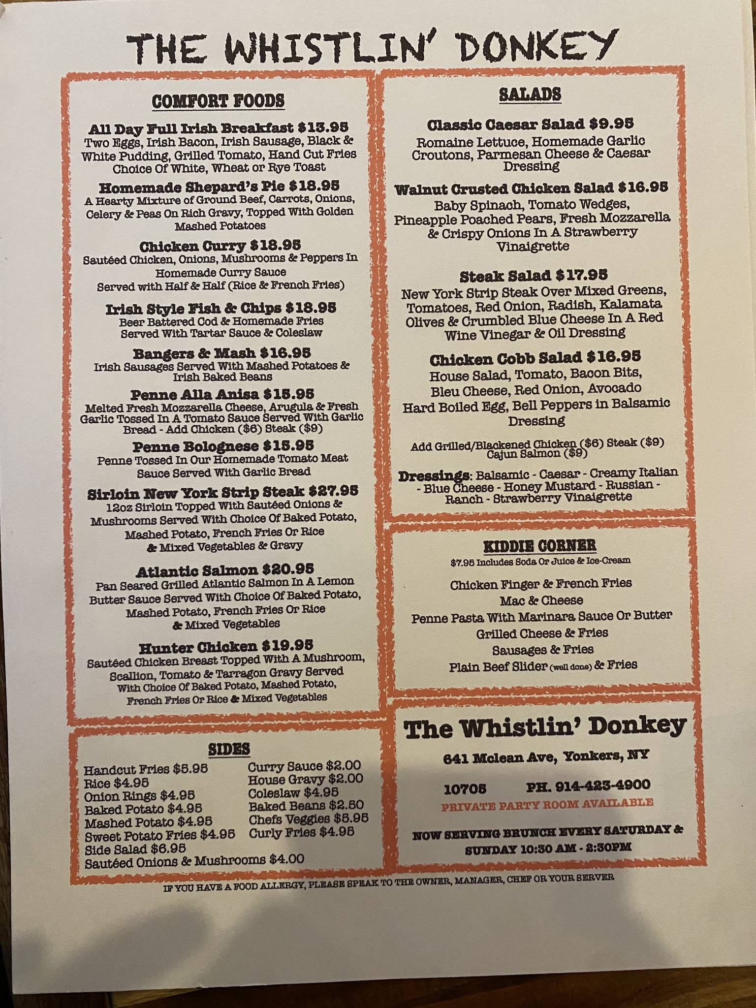 Menu at The Whistlin' Donkey pub & bar, Yonkers