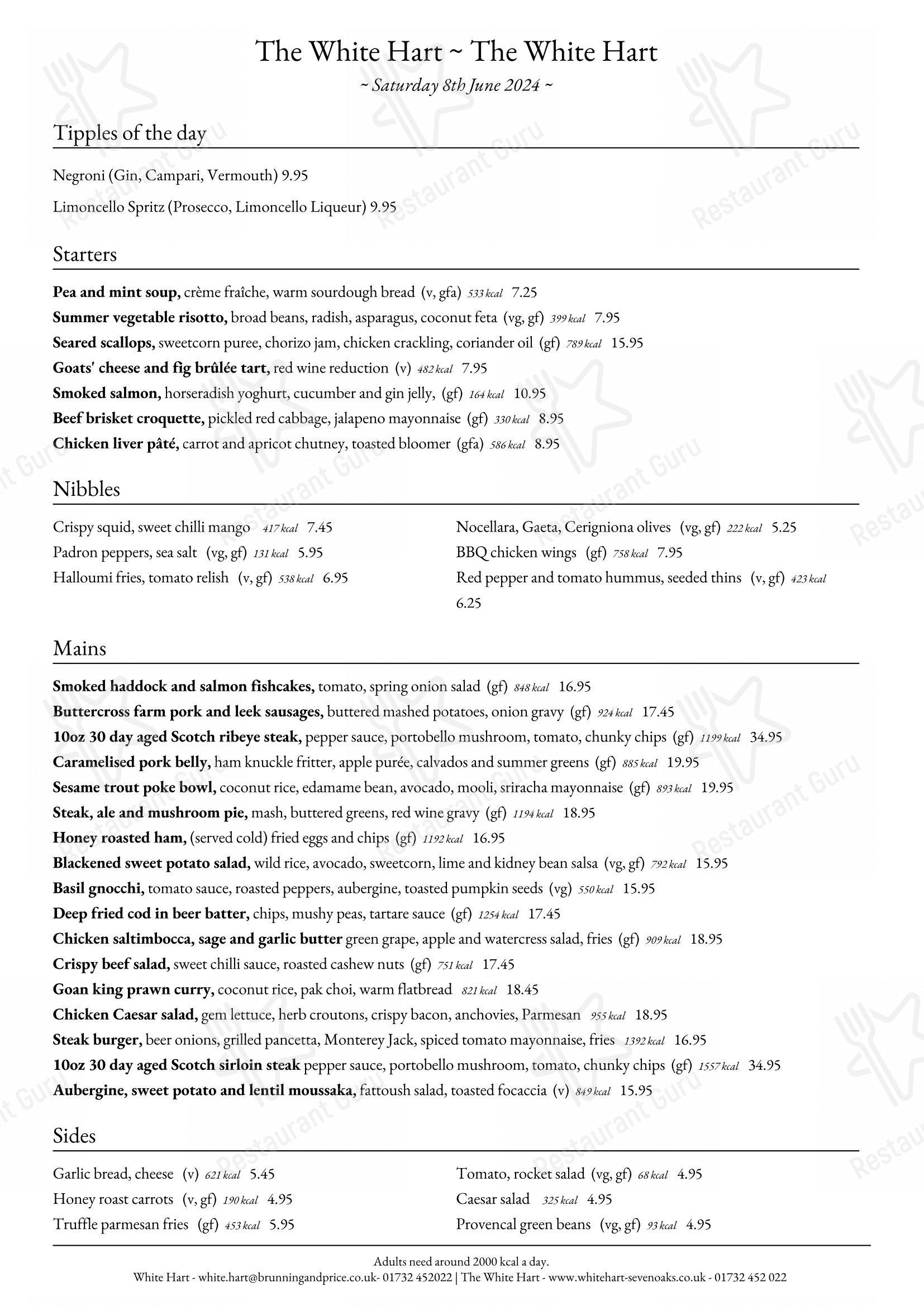 Menu at The White Hart pub & bar, Sevenoaks, Tonbridge Rd