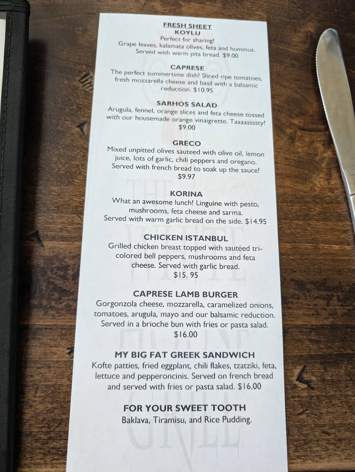 Menu at The White House Grill restaurant, Post Falls