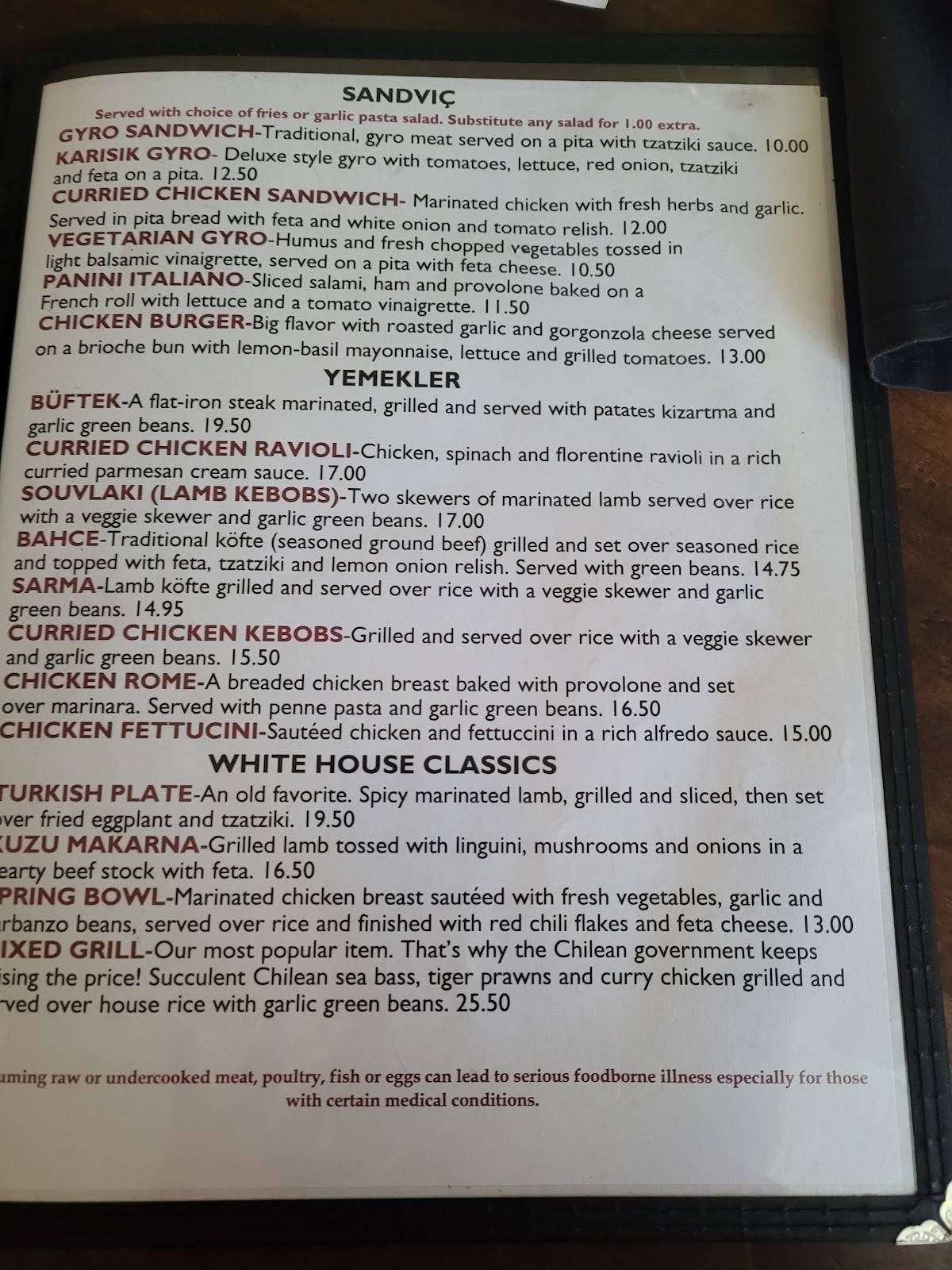 Menu at The White House Grill restaurant, Post Falls