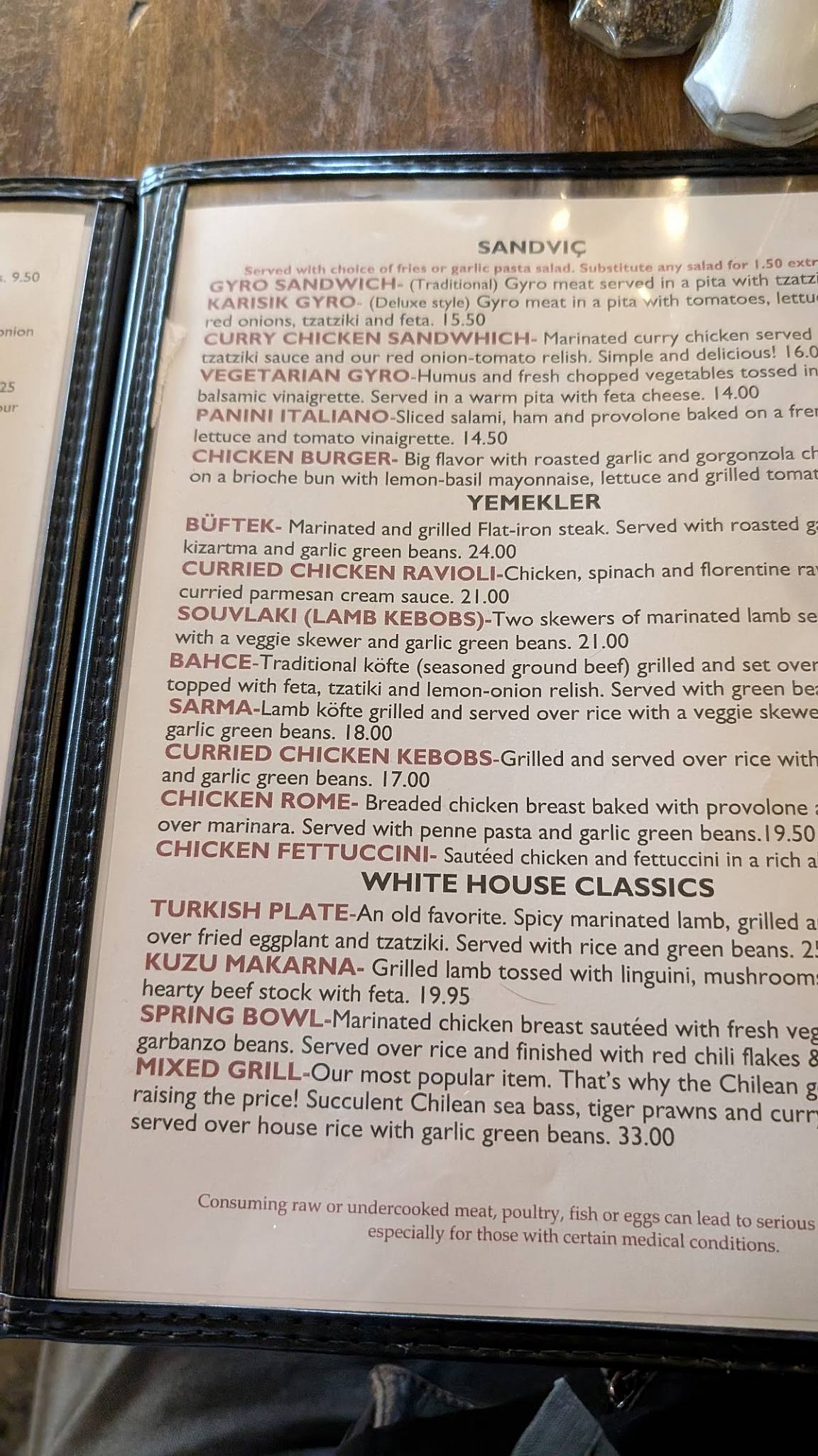Menu at The White House Grill restaurant, Post Falls