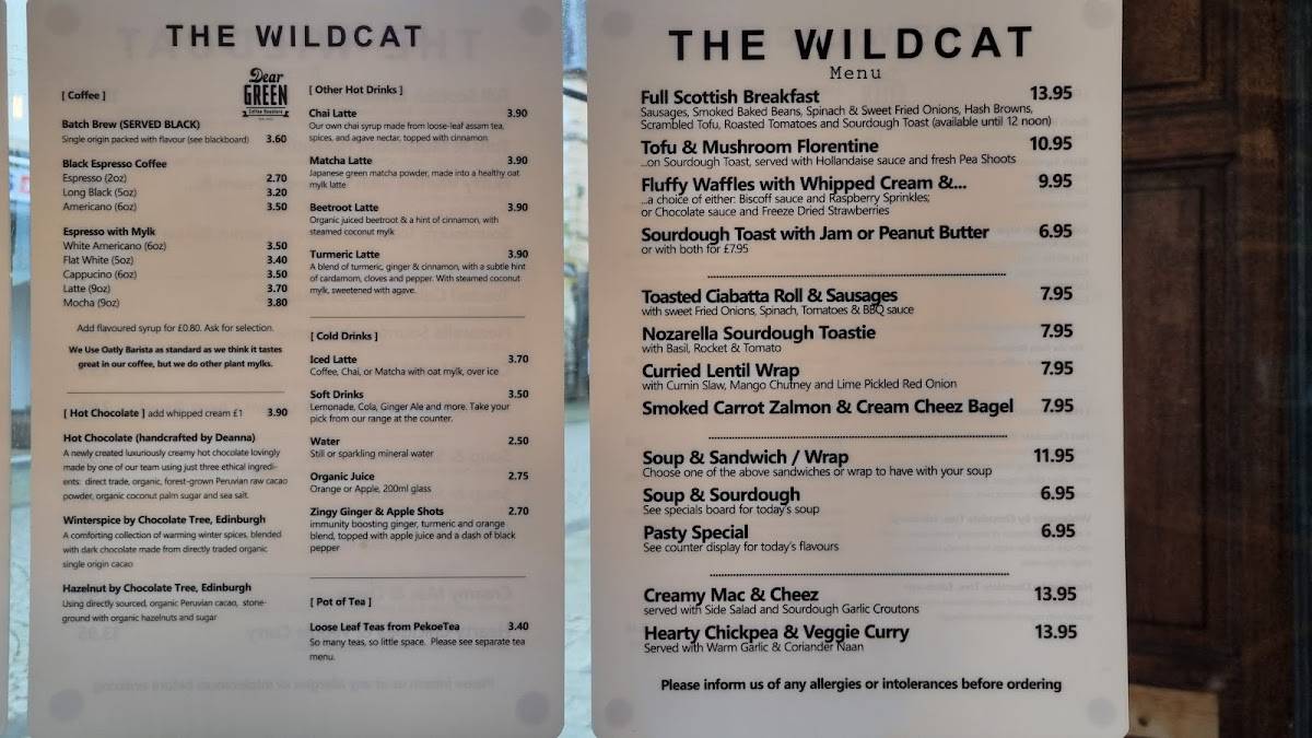 Menu at The Wildcat cafe, Fort William