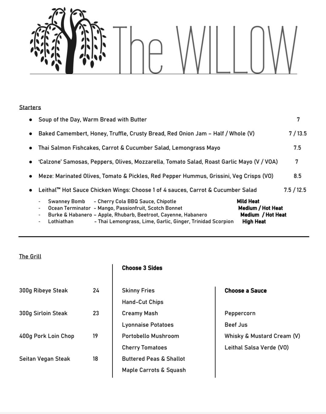 Menu at The Willow pub & bar, Edinburgh