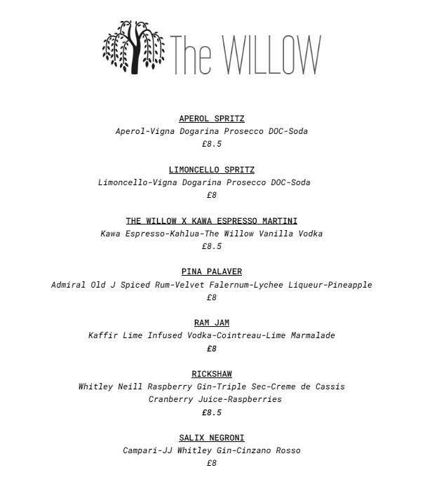 Menu at The Willow pub & bar, Edinburgh