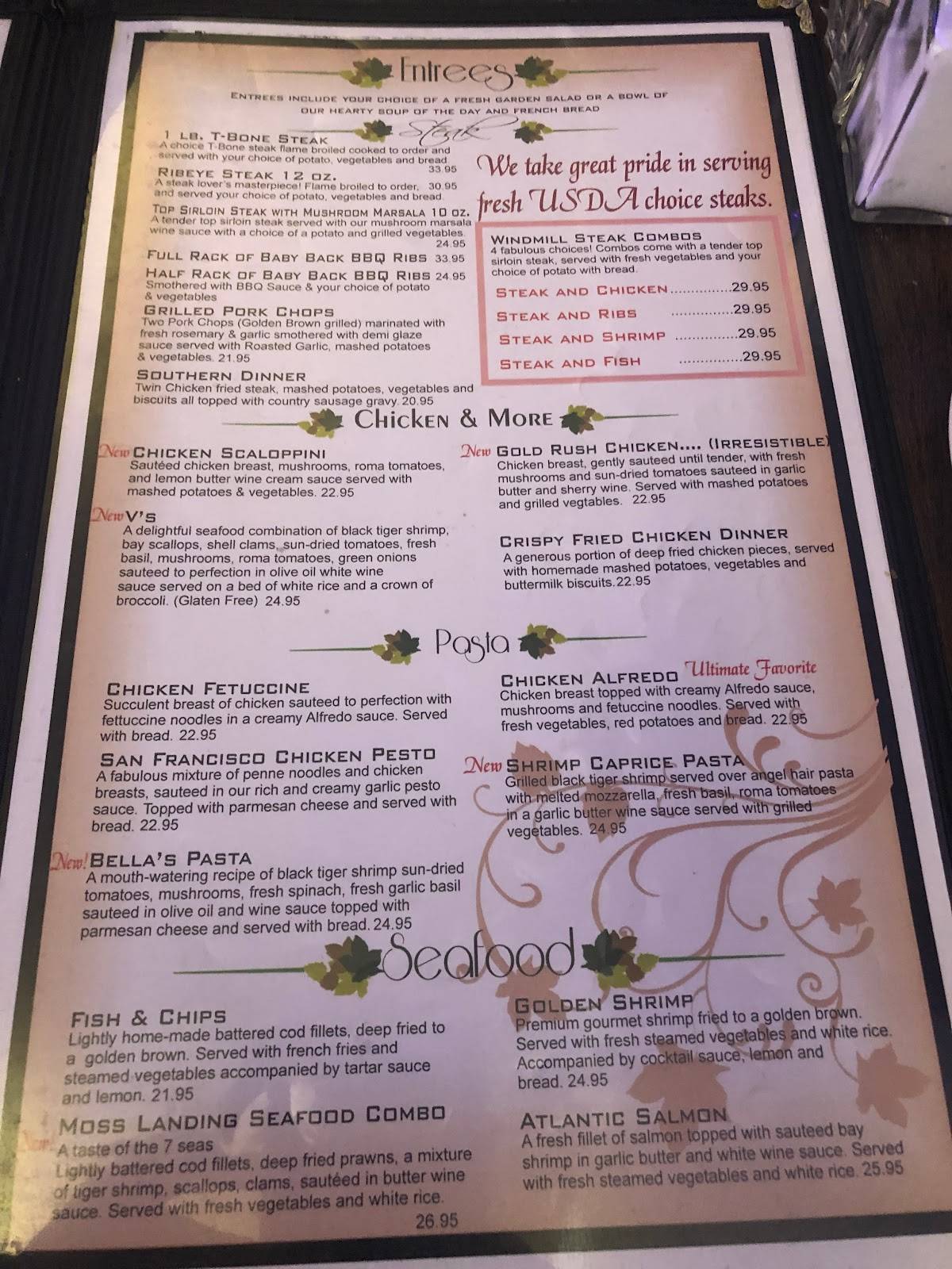 Menu at The Windmill Restaurant, Soledad