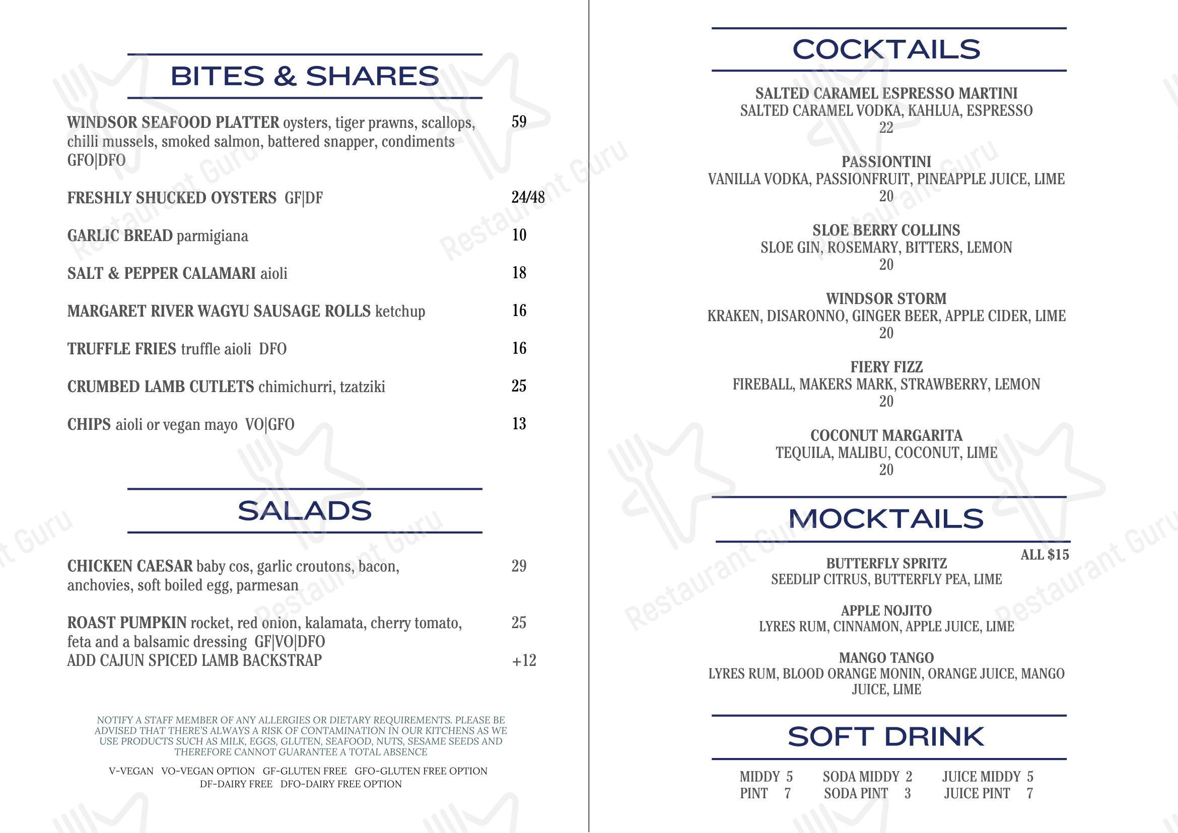 Menu at The Windsor Hotel restaurant, South Perth