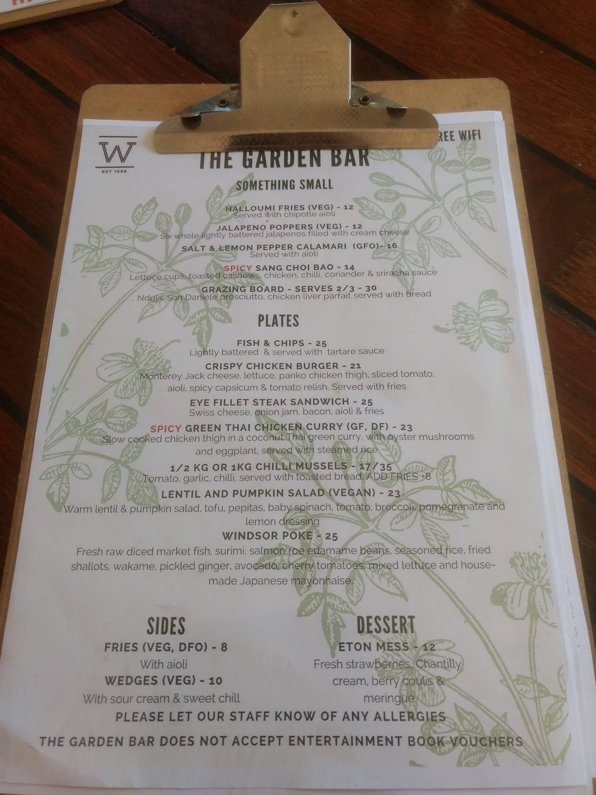 Menu at The Windsor Hotel restaurant, South Perth