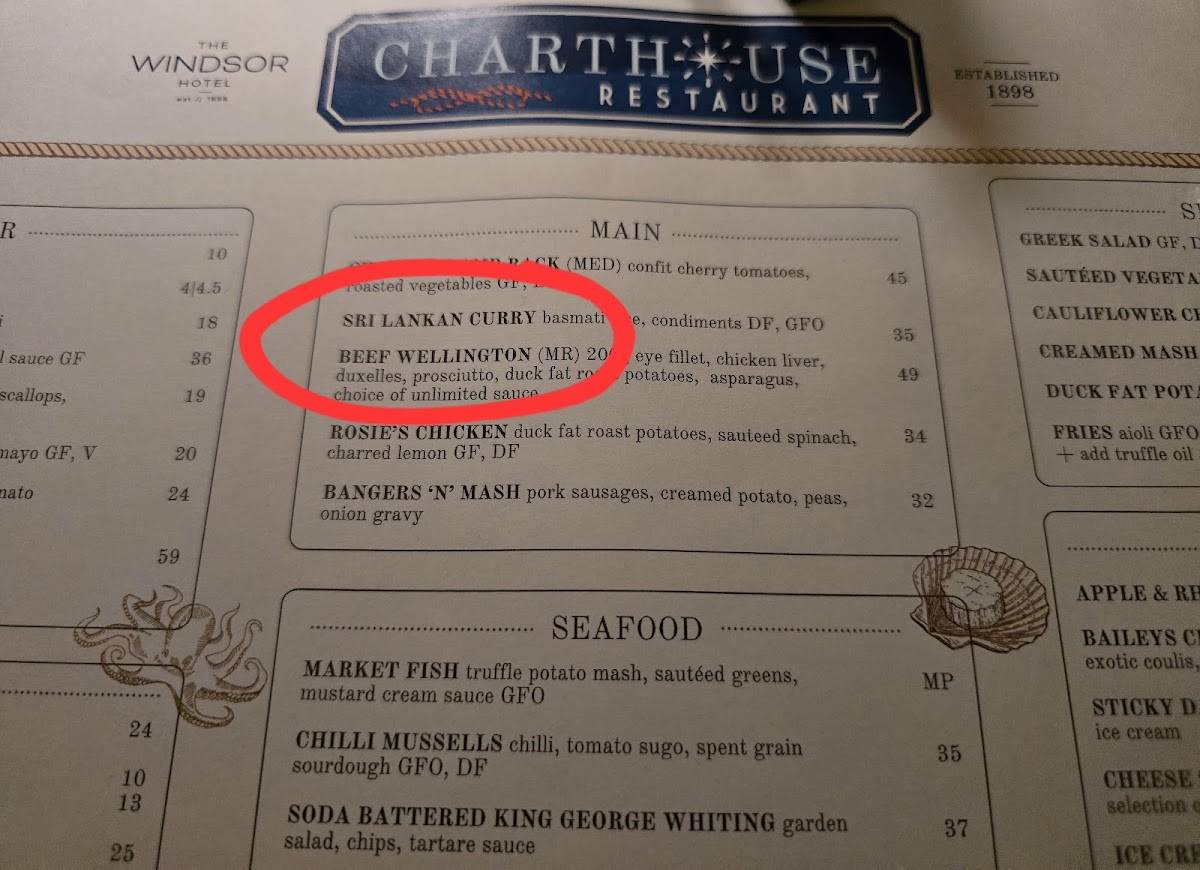 Menu at The Windsor Hotel restaurant, South Perth
