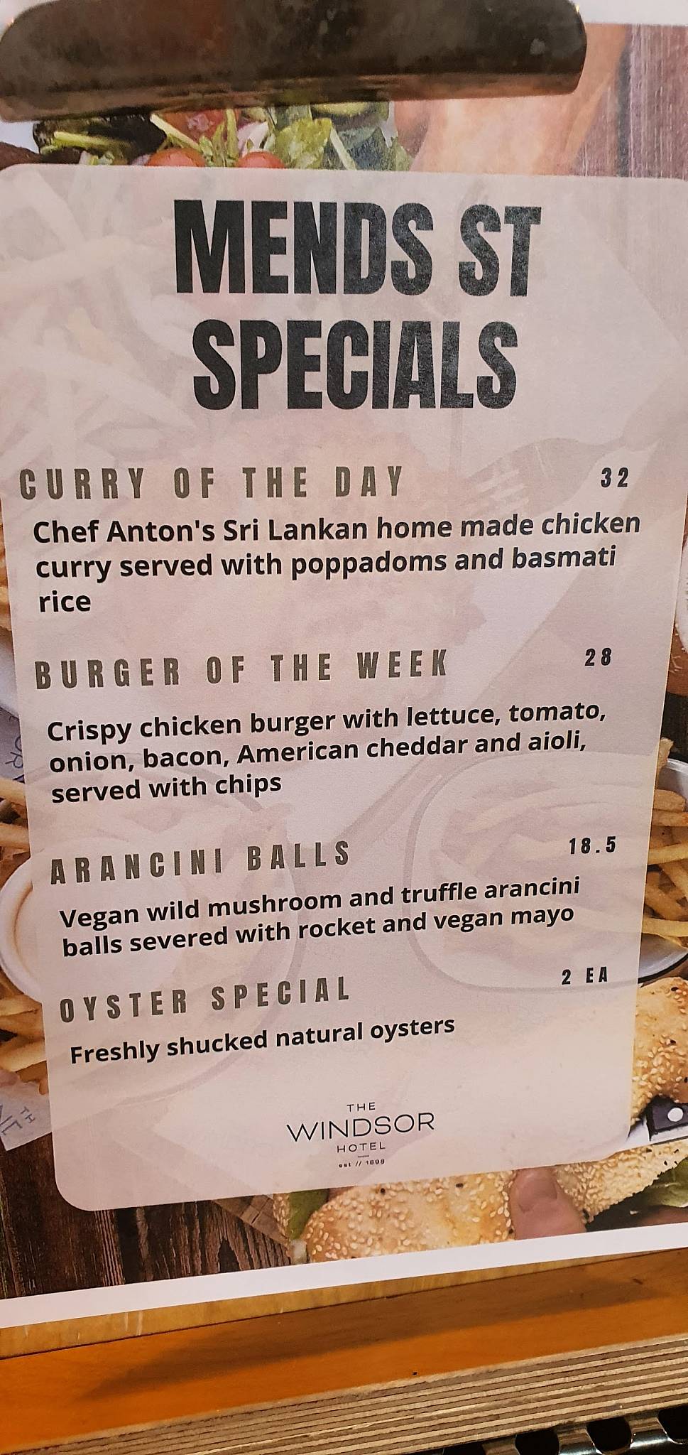 Menu at The Windsor Hotel restaurant, South Perth