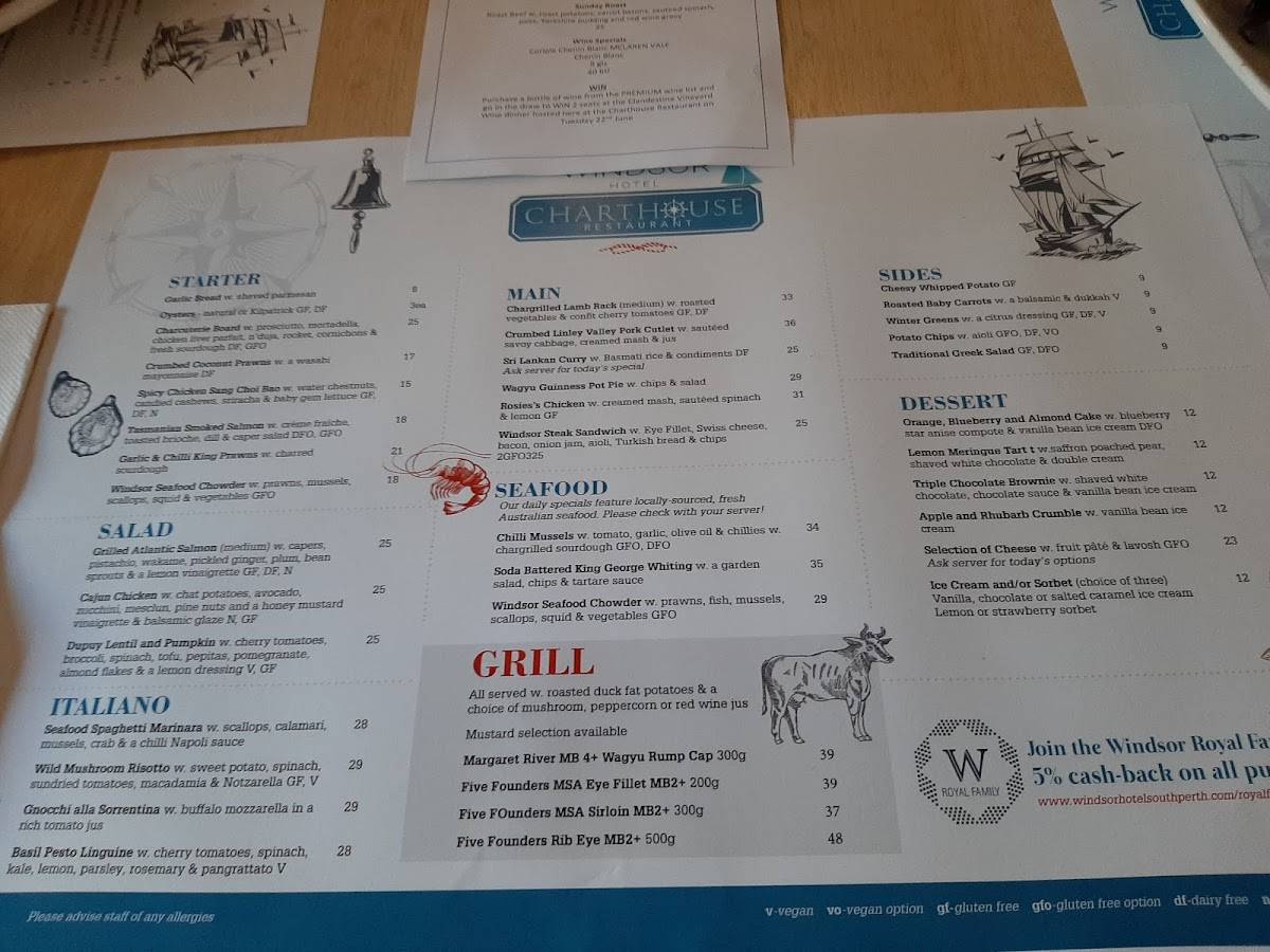 Menu at The Windsor Hotel restaurant, South Perth