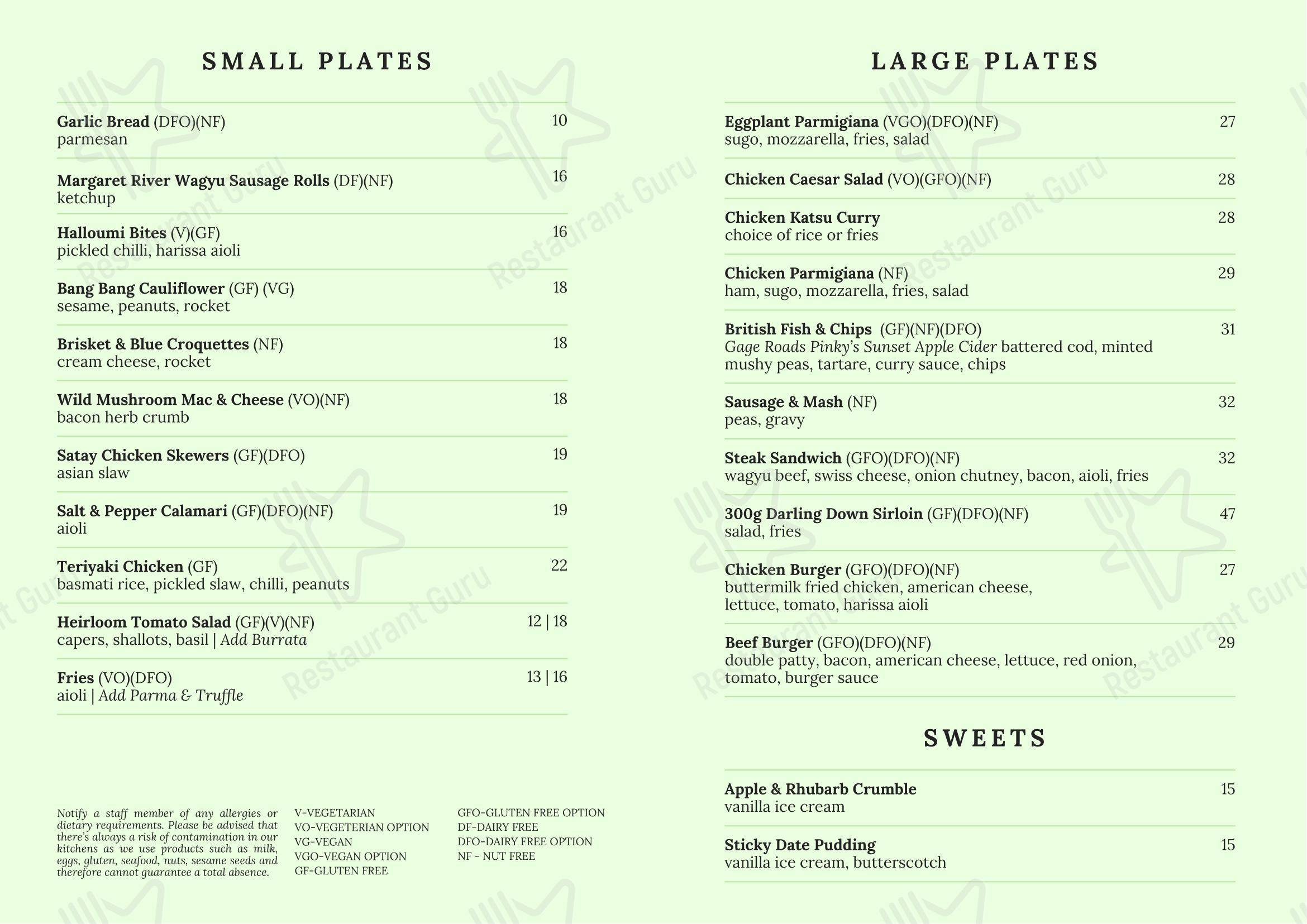 Menu at The Windsor Hotel restaurant, South Perth