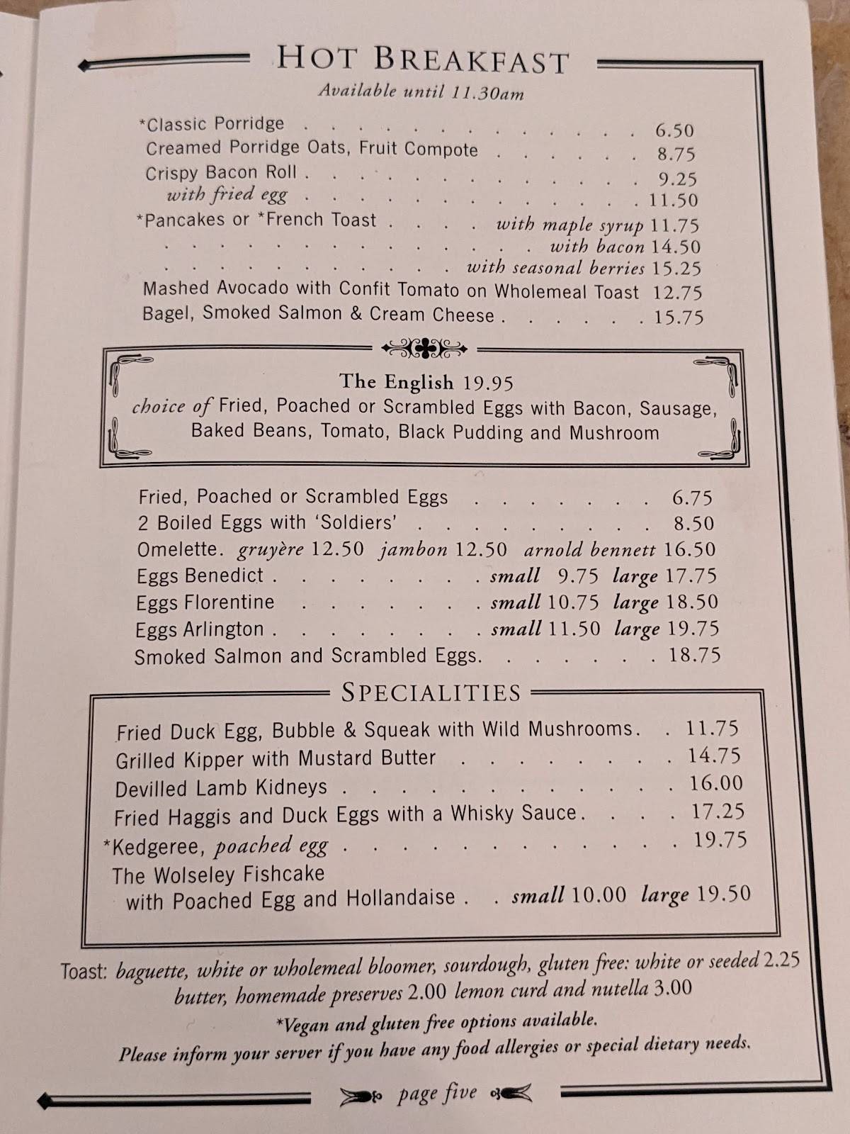 Menu at The Wolseley cafe, London