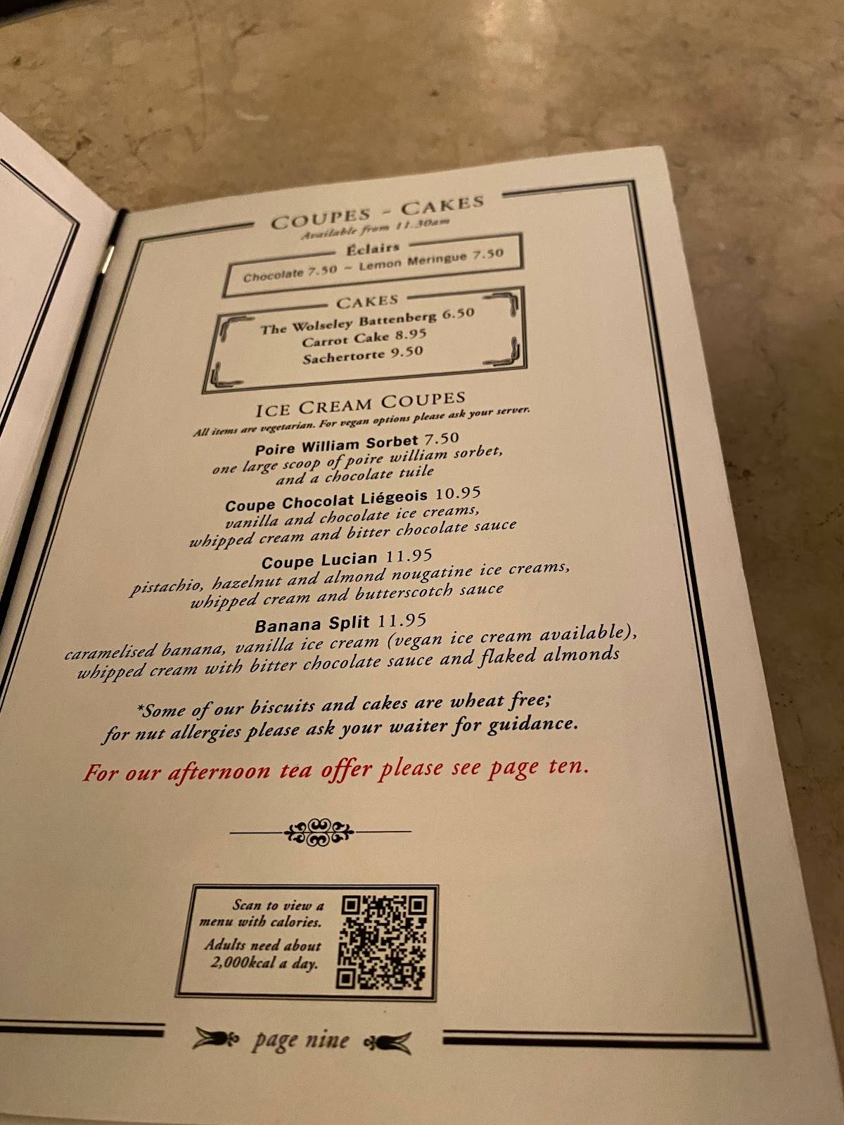 Menu at The Wolseley cafe, London