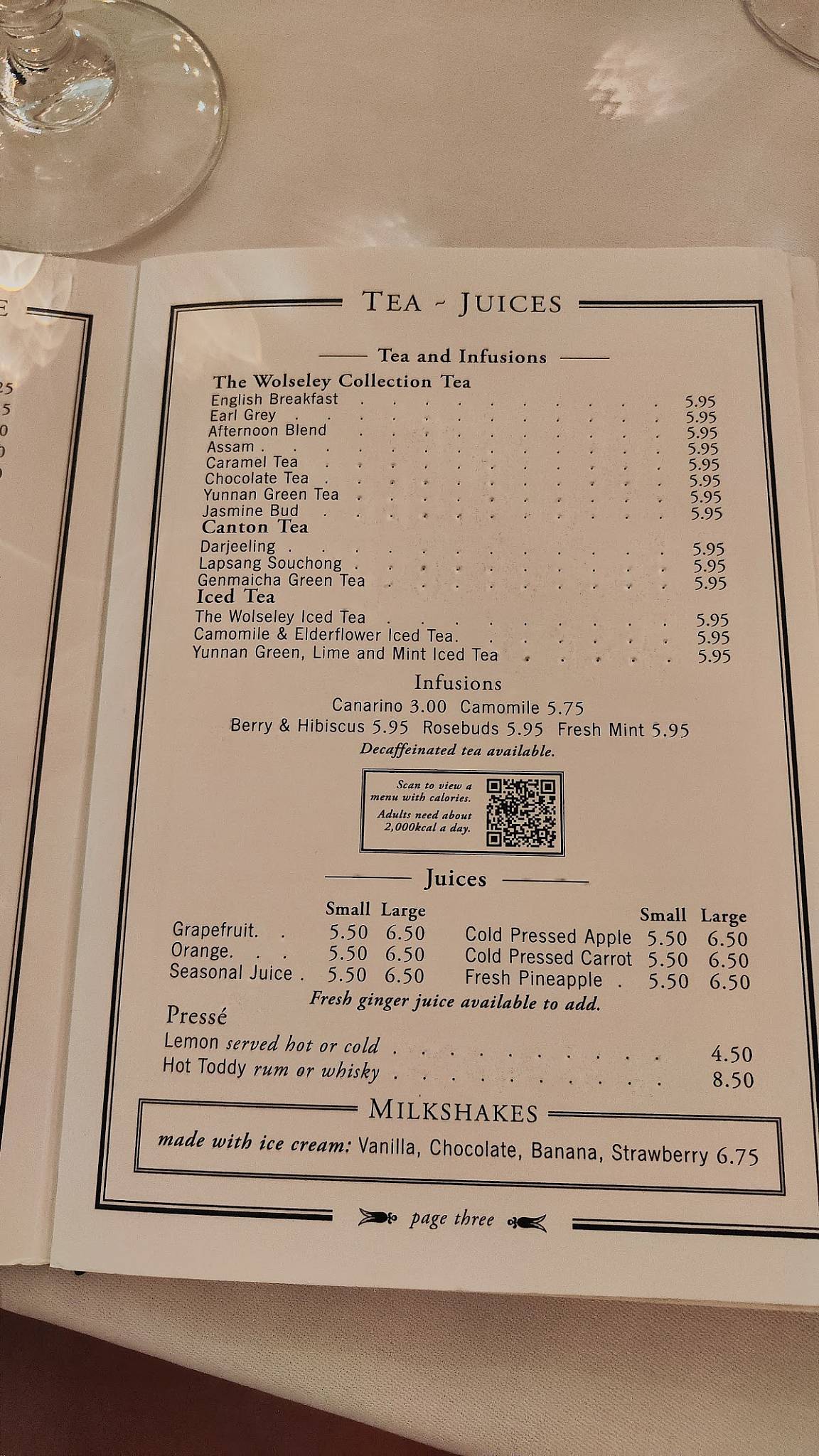 Menu at The Wolseley cafe, London
